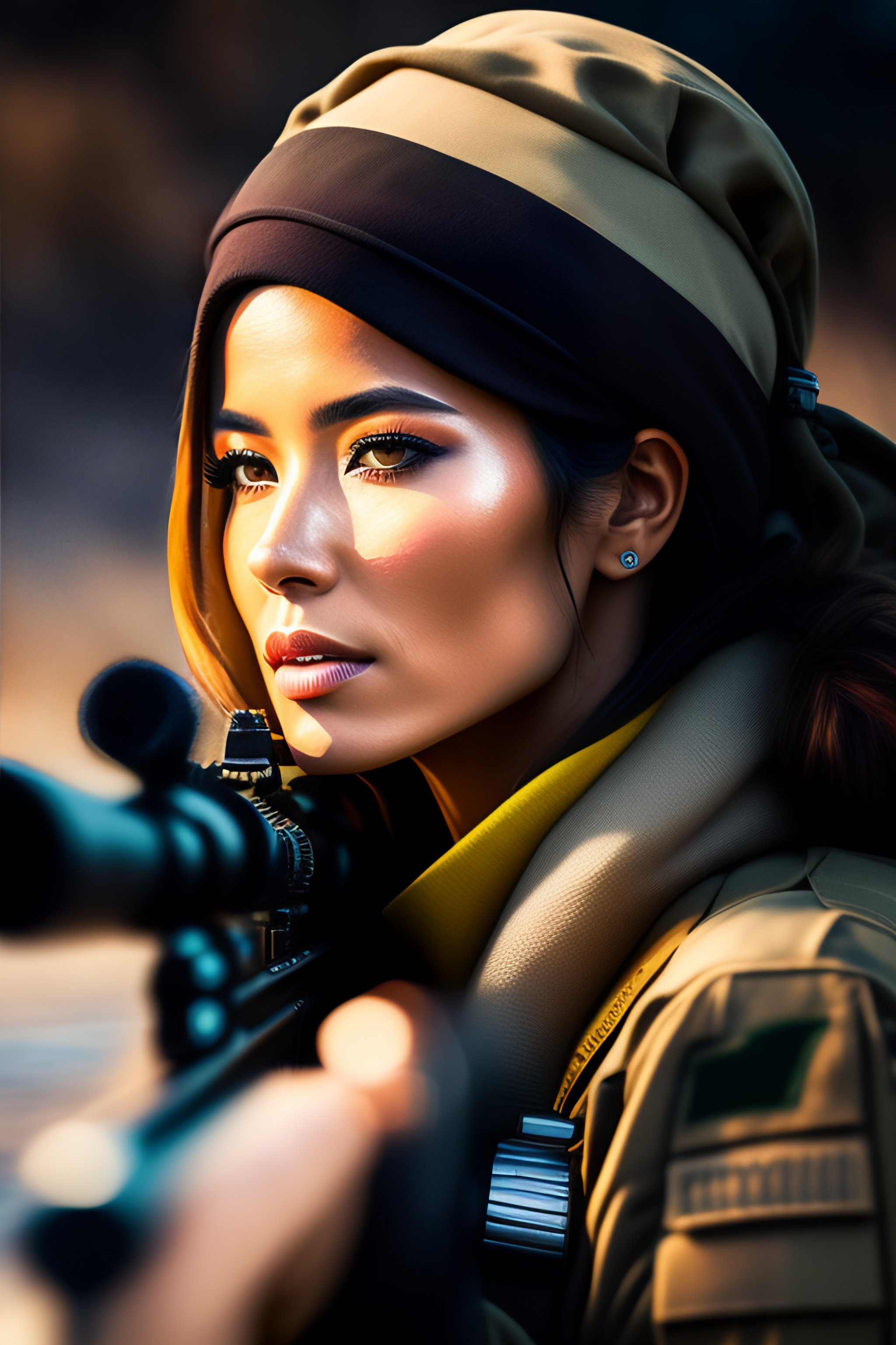 Lexica - Full frame, a beautiful female gun sniper on the ground