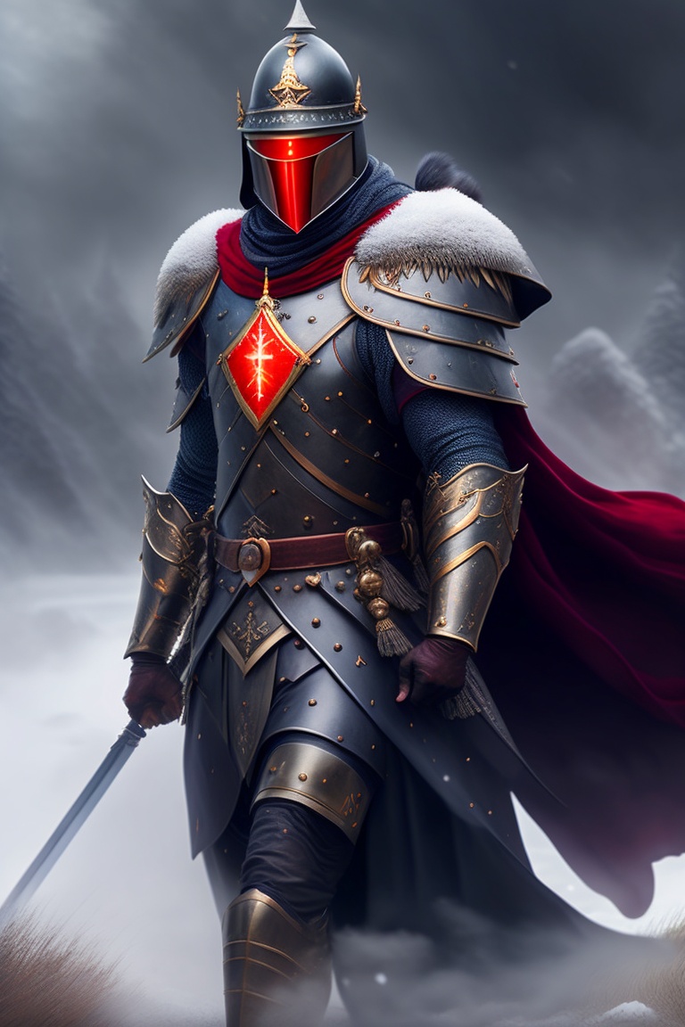 Lexica - Arthurian legend knight in a bloody snowy field, smoke, ash