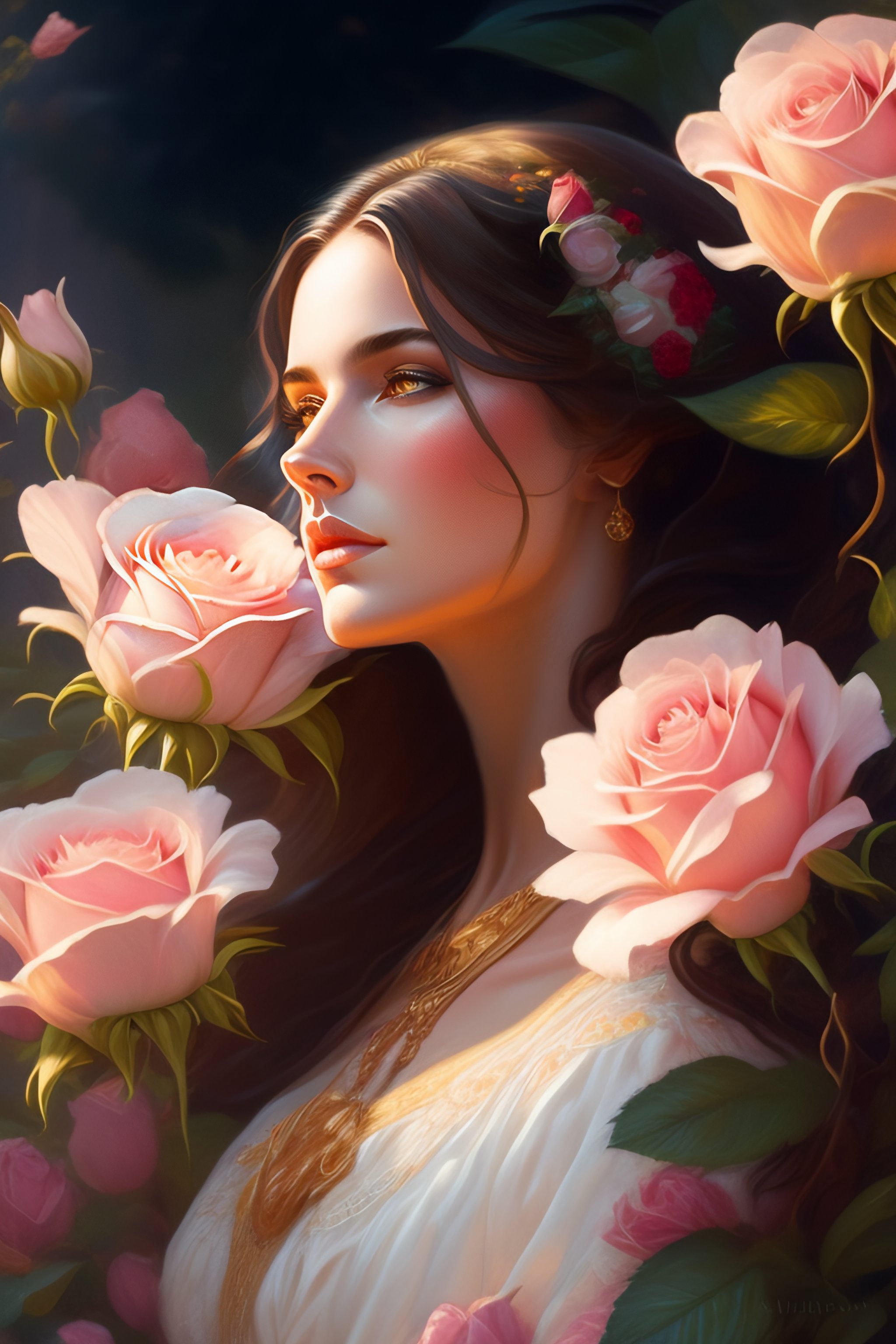 Lexica - Woman smelling a flower, roses everywhere, highly detailed ...