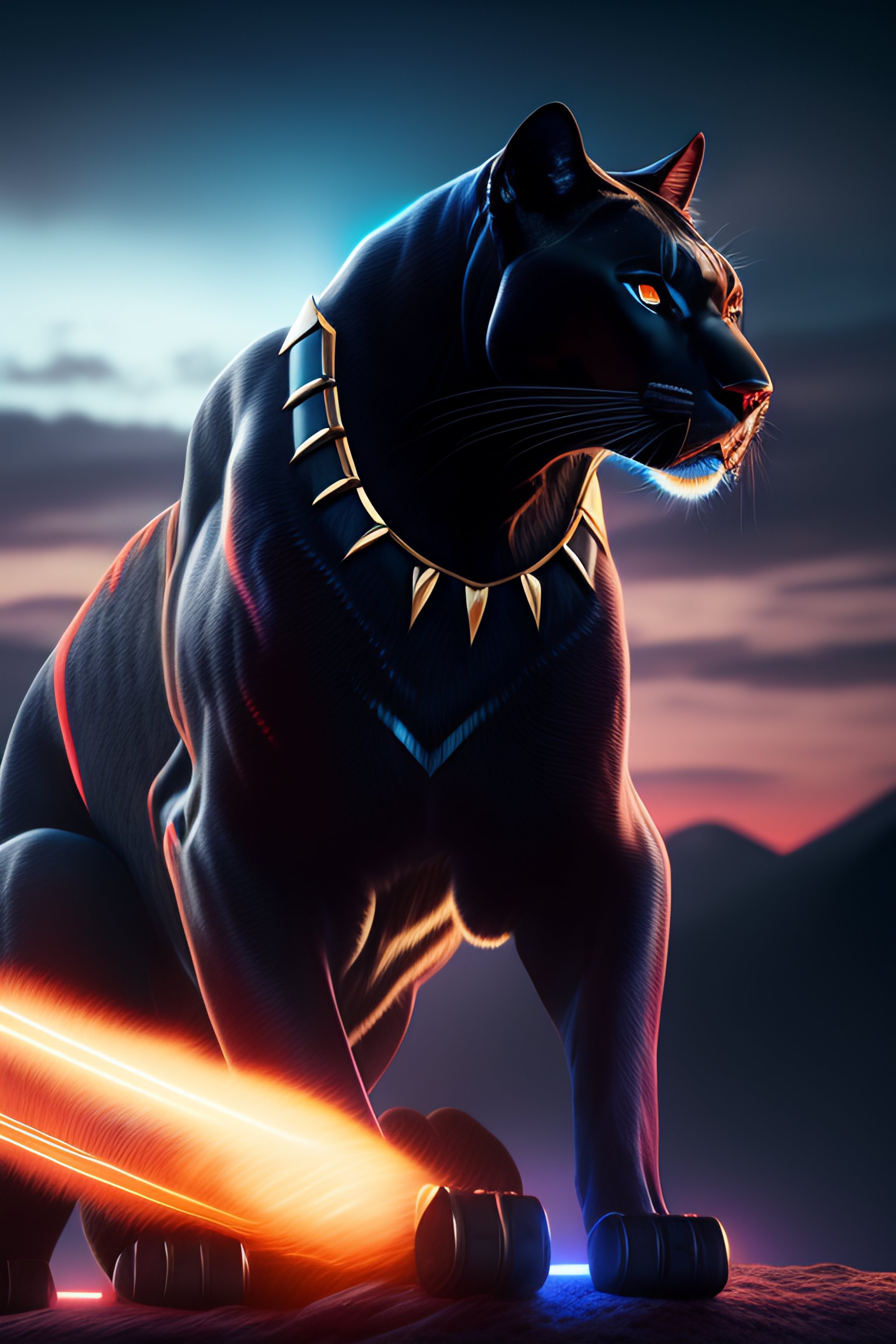 Lexica - Black panther marvel, riding a panther, laser lights, at night ...