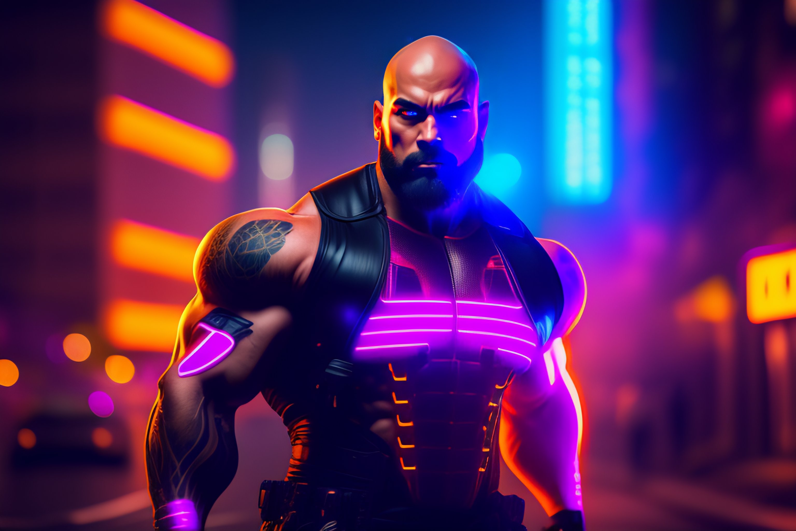 Lexica - Action shot of a bald cyberpunk man with cyberneticaly ...