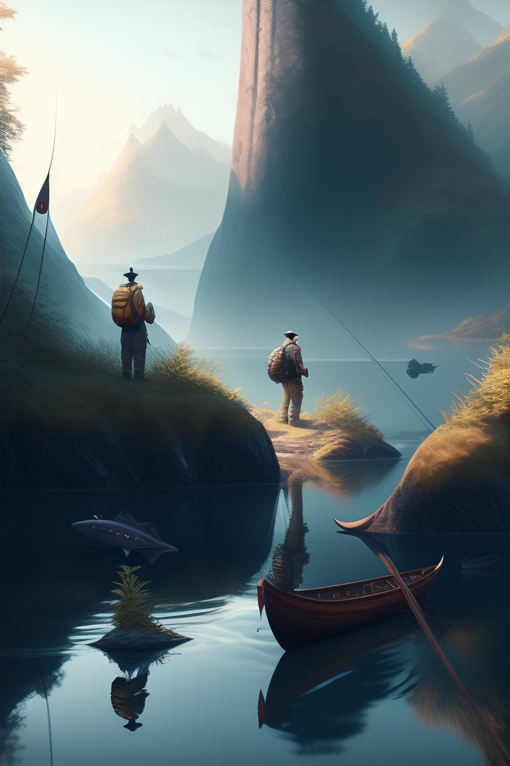 Lexica - 3 friends with fishing rods in a boat fishing in a hidden ...