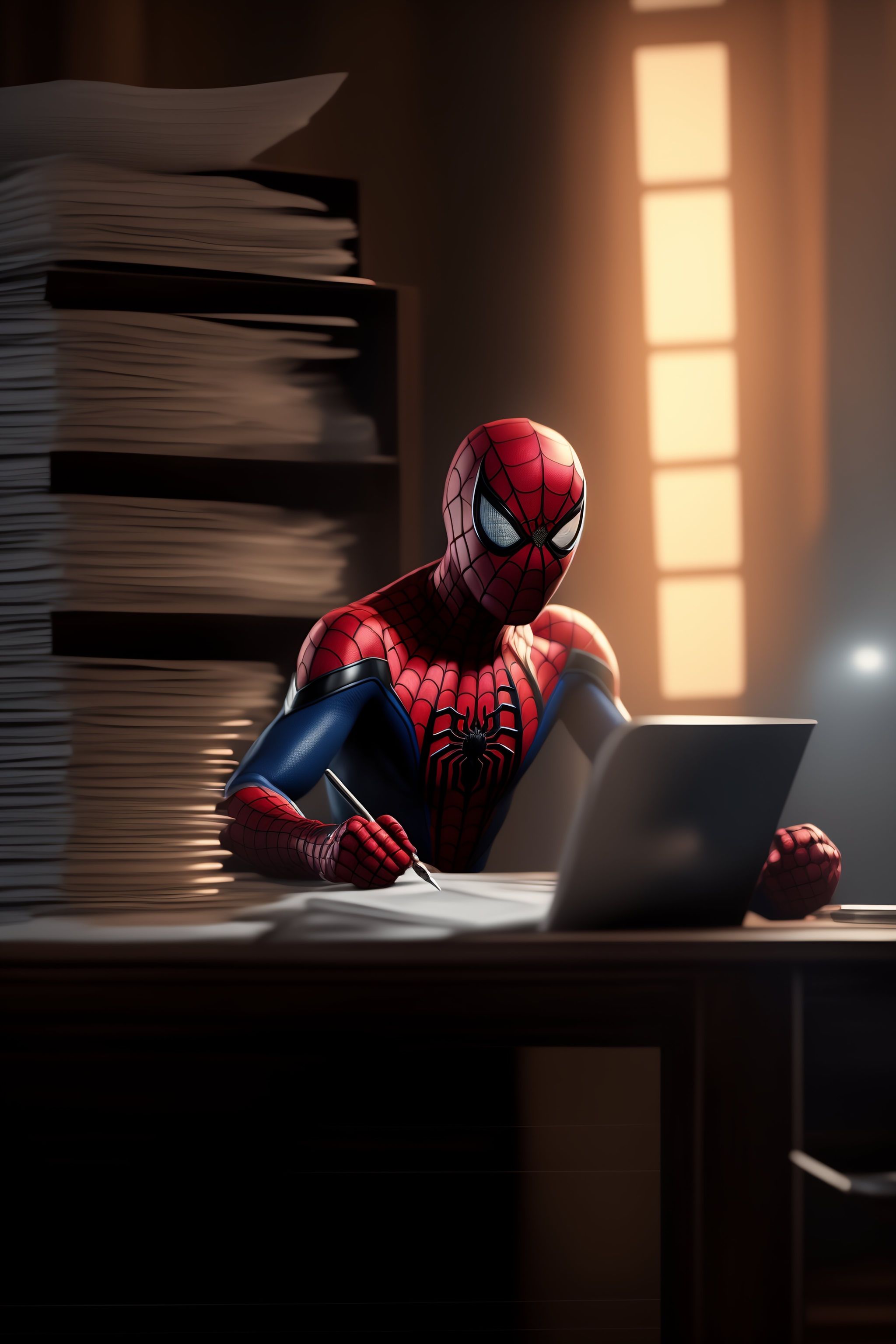 Lexica - Spider-Man commiting tax fraud, paperwork, exhausted, by serov ...