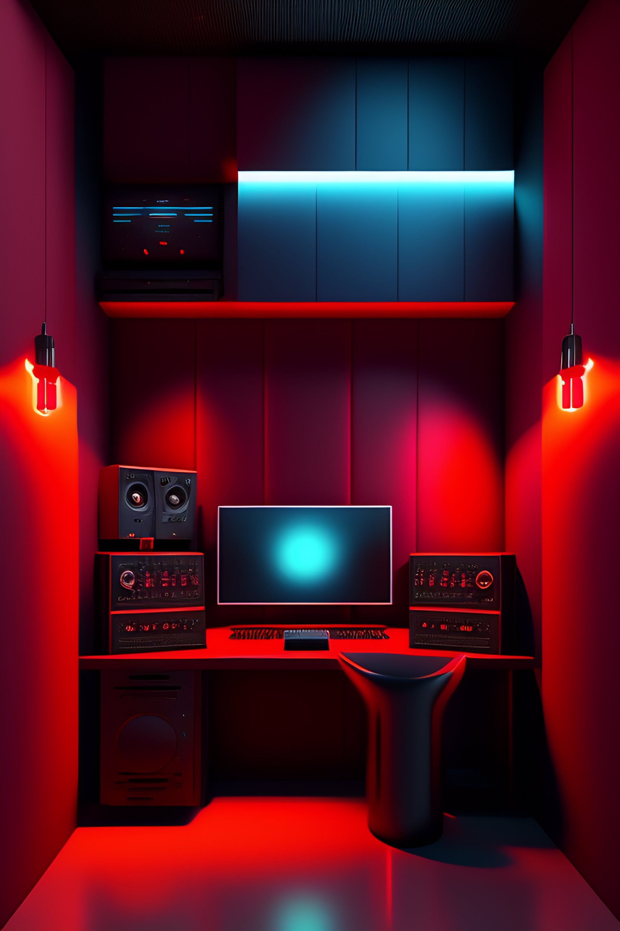 Lexica - Futuristic cyberpunk homey cozy recording studio, dark red ...