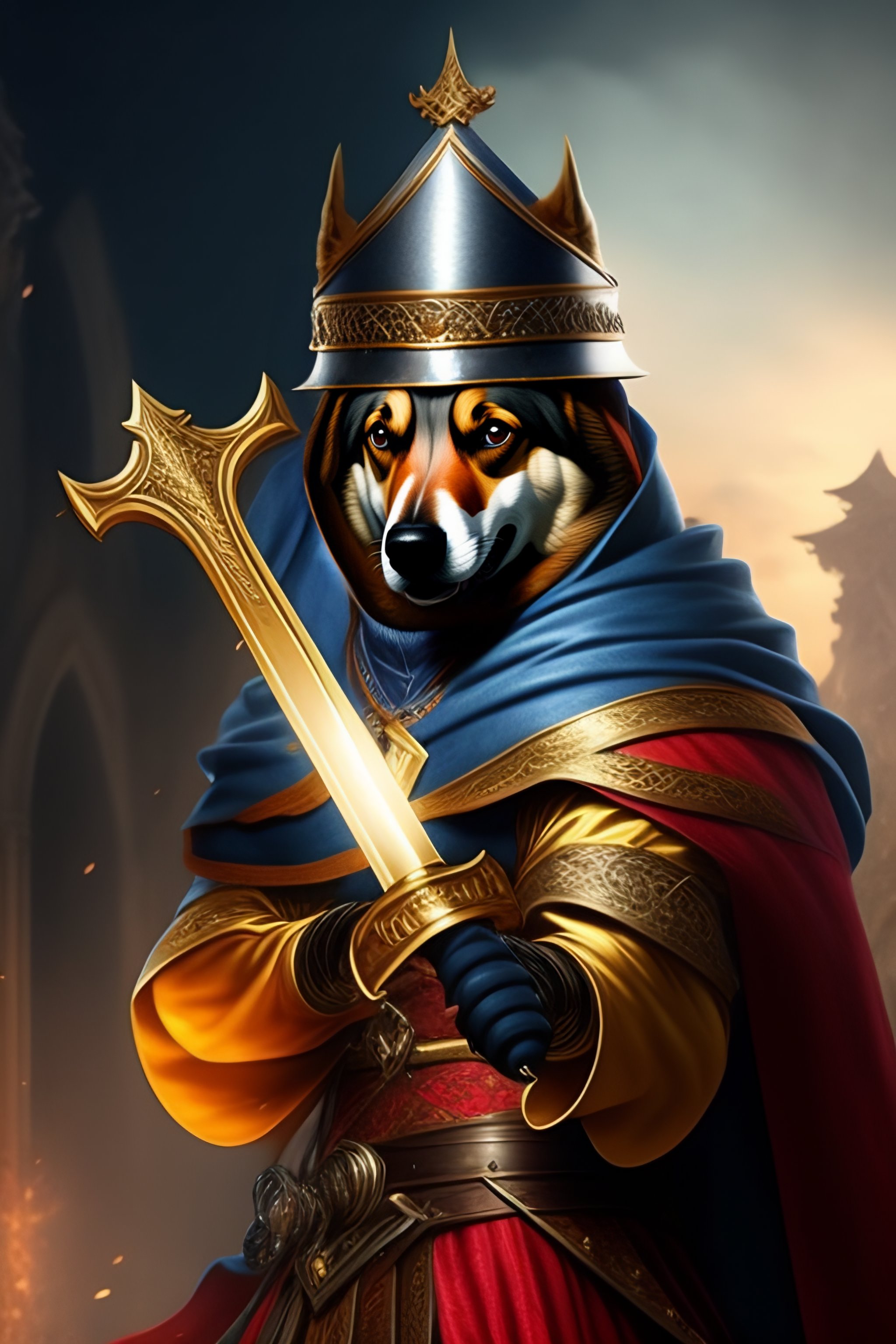 Lexica - A Doge Crusader holding a magic sword.