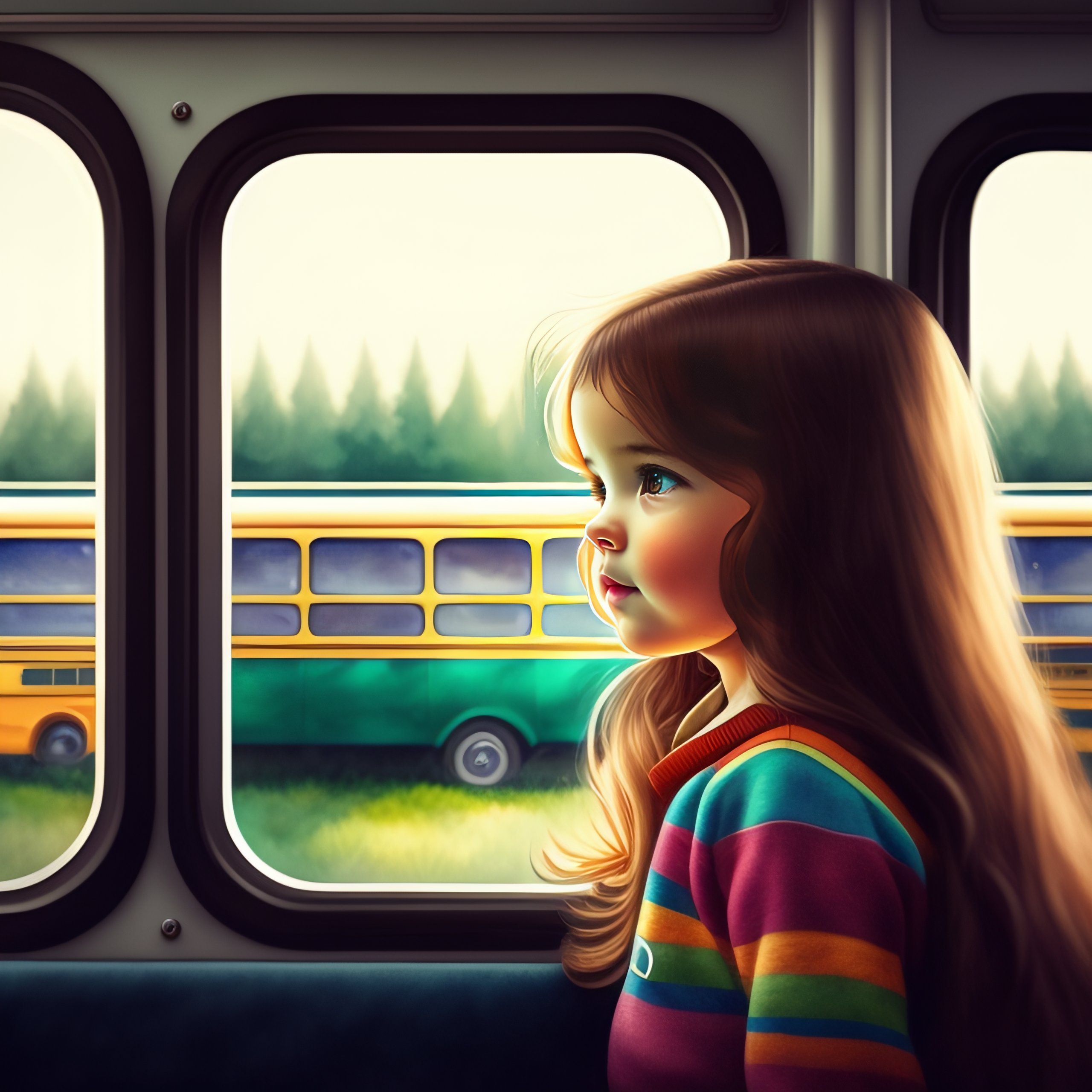 Lexica - A long straight brown hair little girl looking through the ...