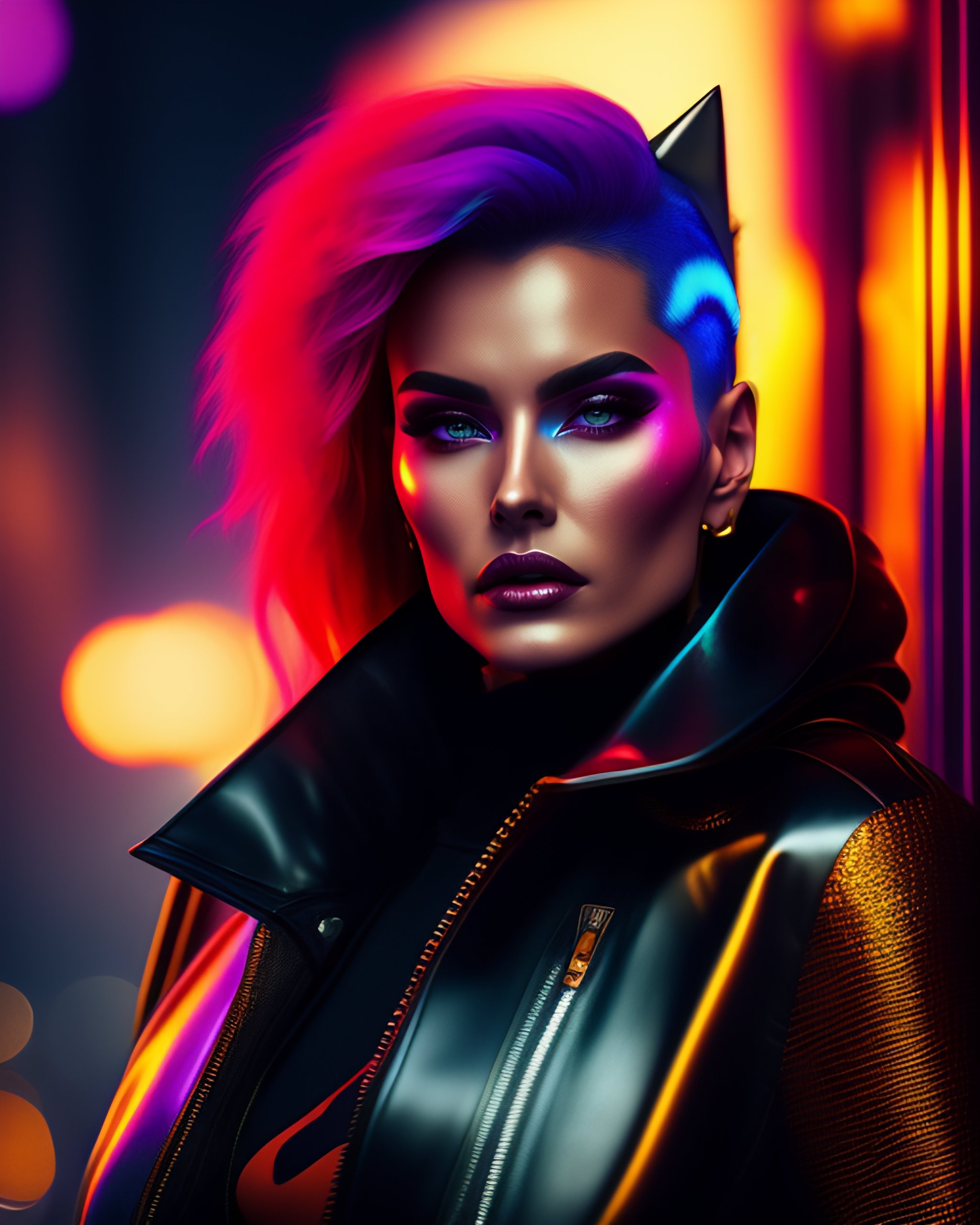 Lexica - Stunning cyber punk woman with colorful hair in a leather ...
