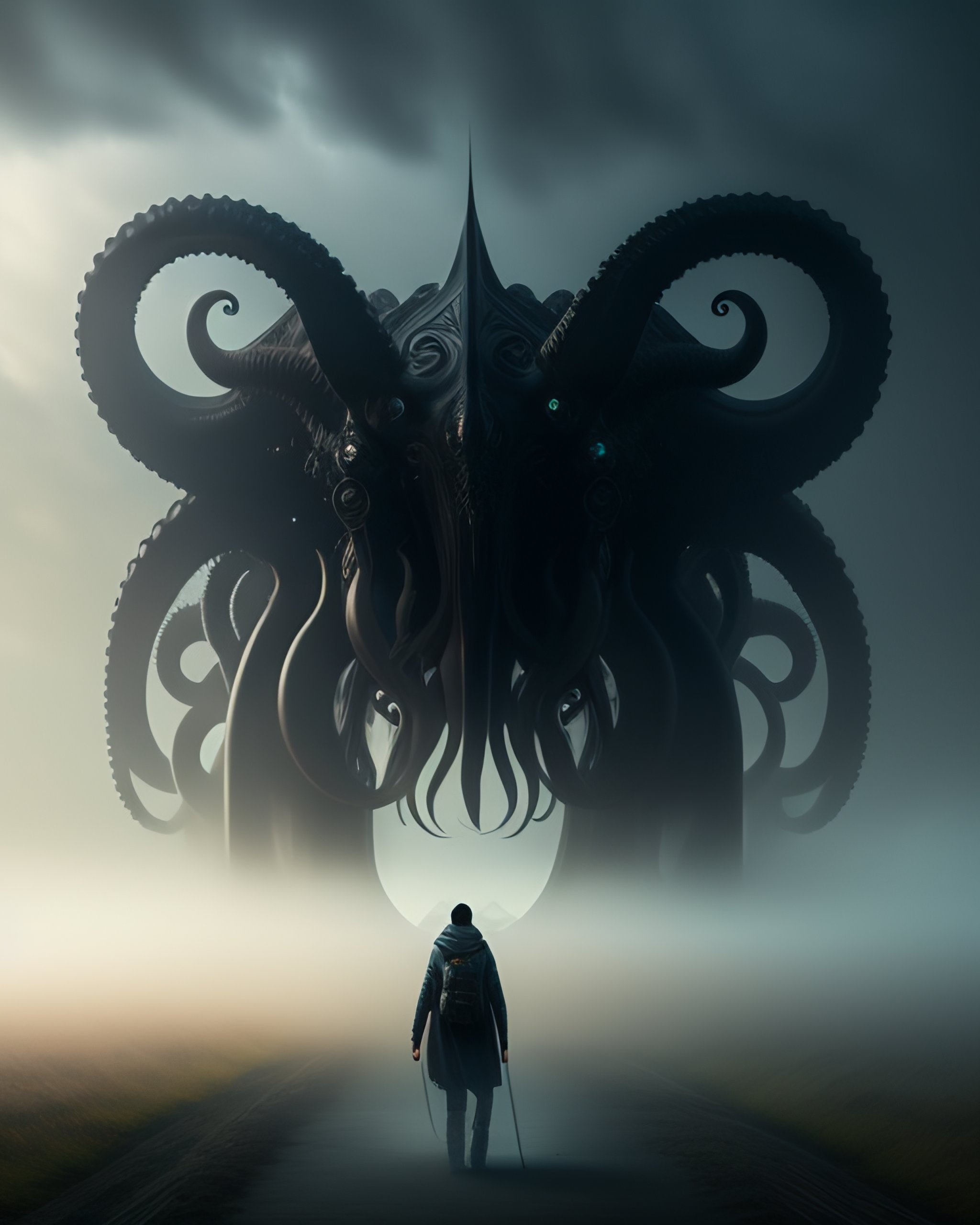 Lexica - Creature eldritch horror, dark obscured by fog, photorealistic ...