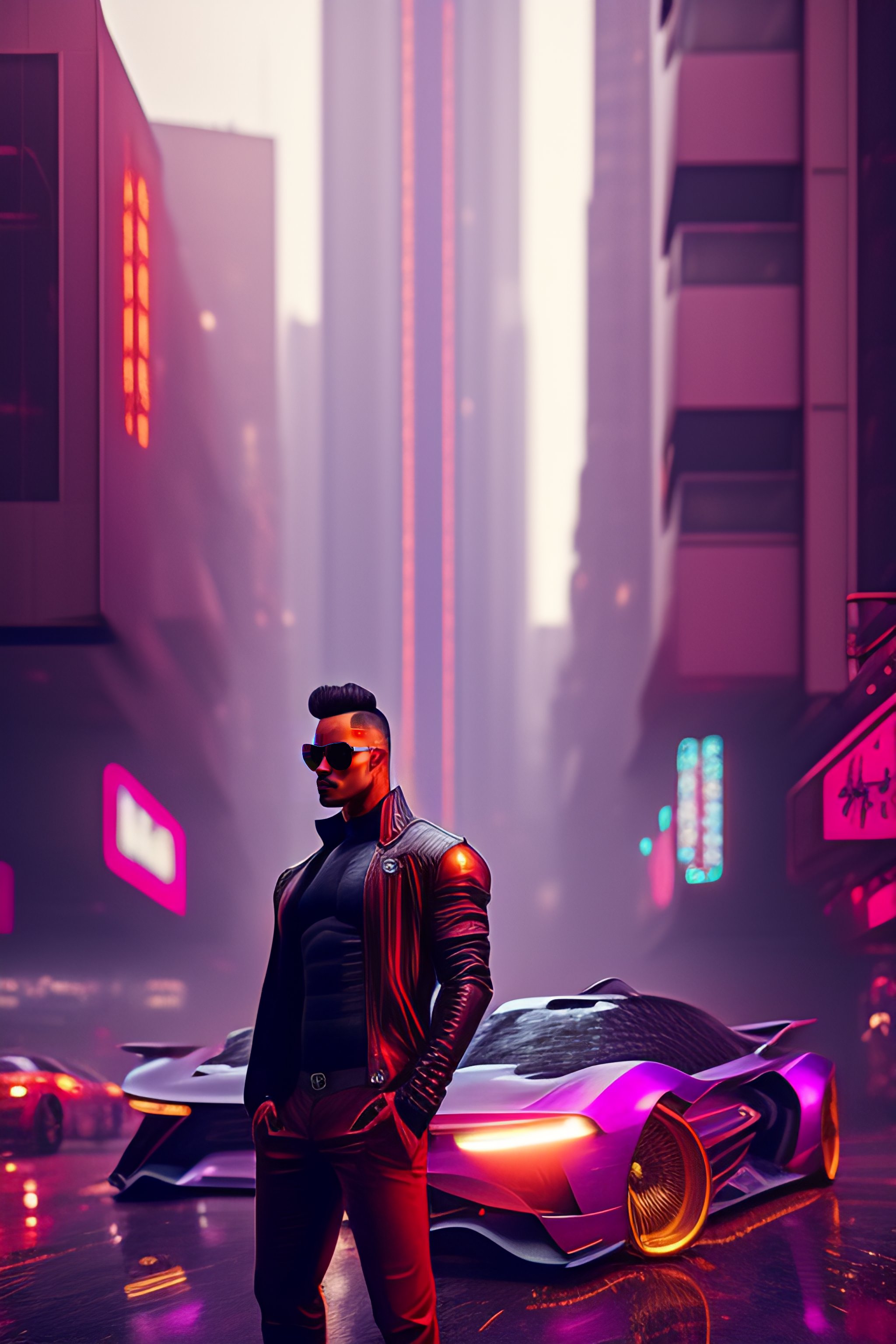 Lexica - Handsome man poses with his car, cyperpunk industry cool man ...