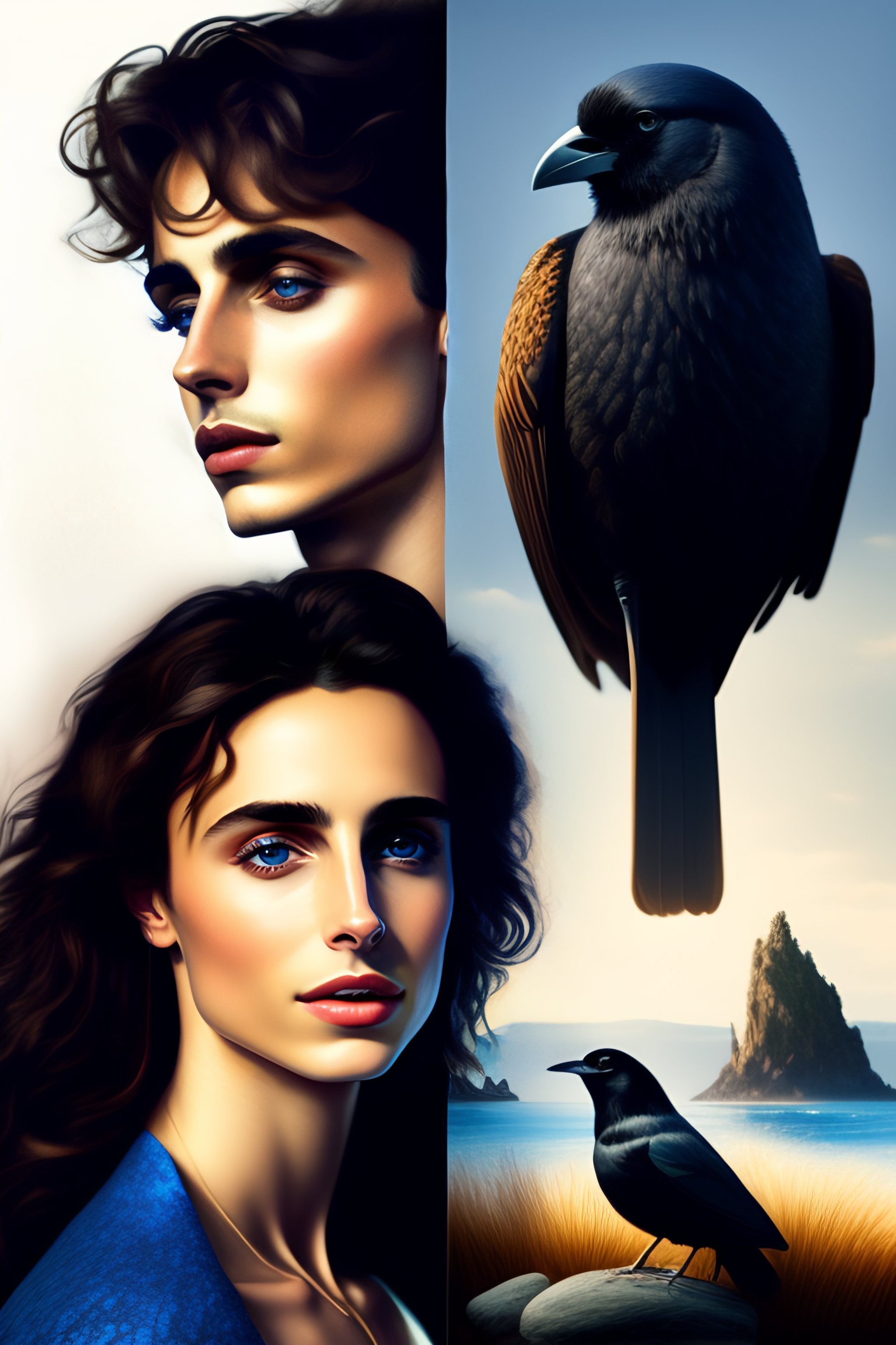 Lexica - Timothy Chalamet and a blue-eyed woman with crows on a rock ...