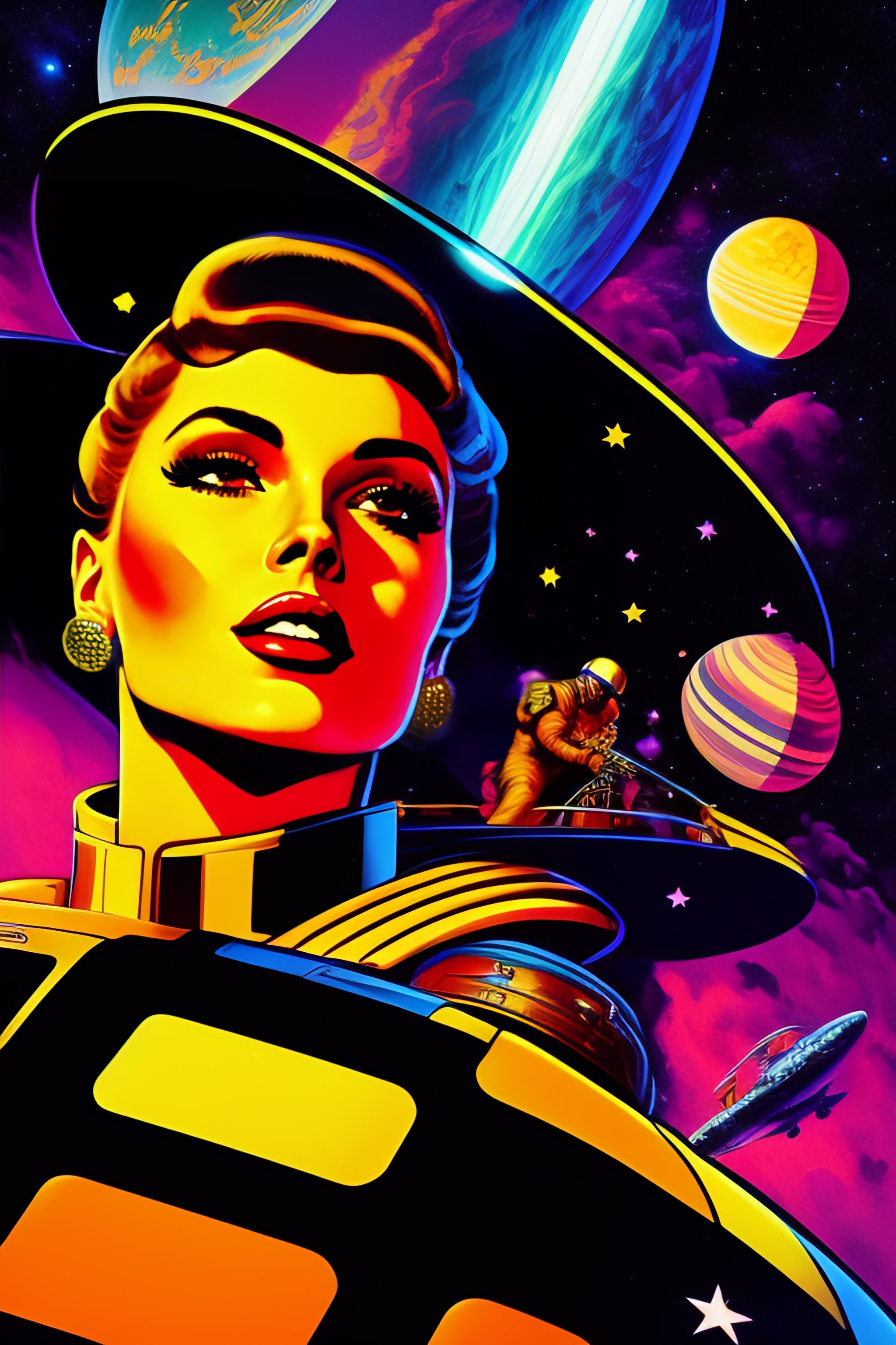 Lexica - Retro space captain giving commands to the crew in spacecraft ...