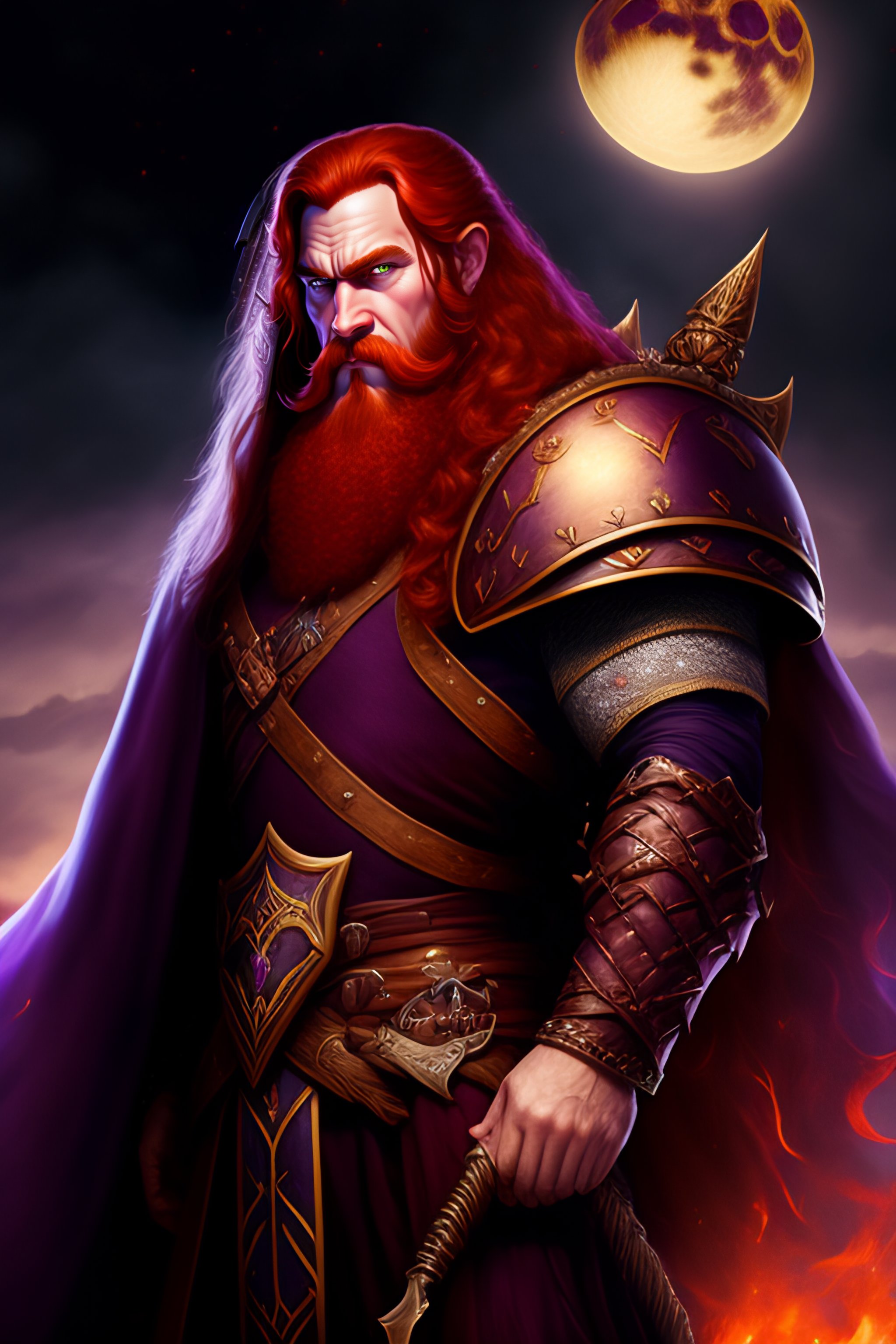 Lexica - A redhead fantasy dwarf, manly face, wearing very dark purple ...