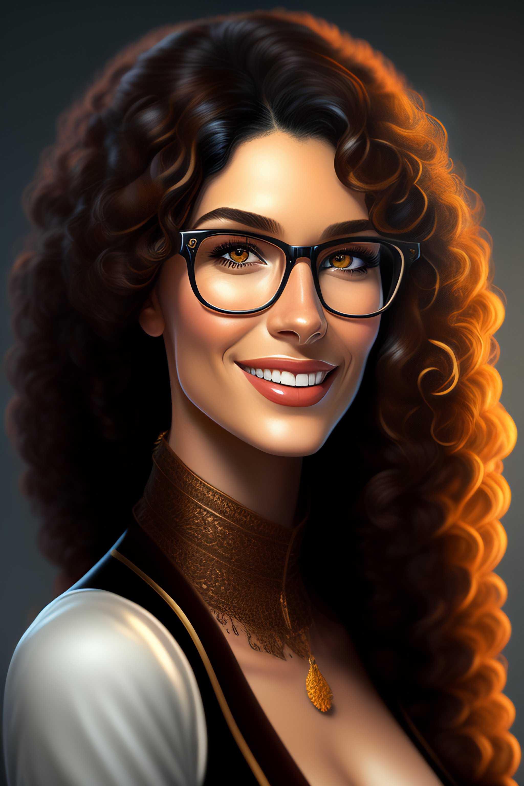 Lexica Bust Caucasian Woman Long Curly Dark Hair Glasses Nice