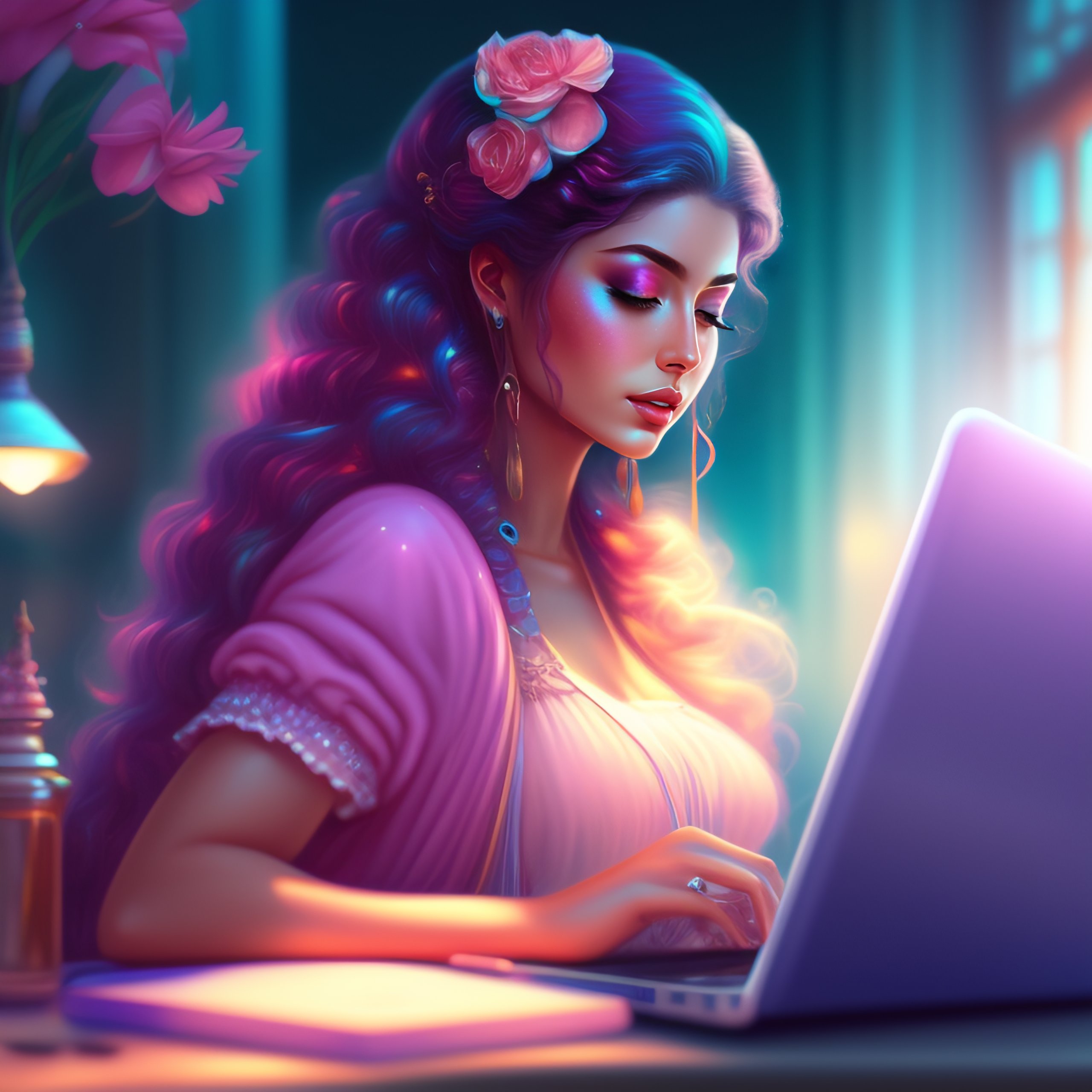 Lexica - Woman programming on her laptop, fantasy, pastel colors ...