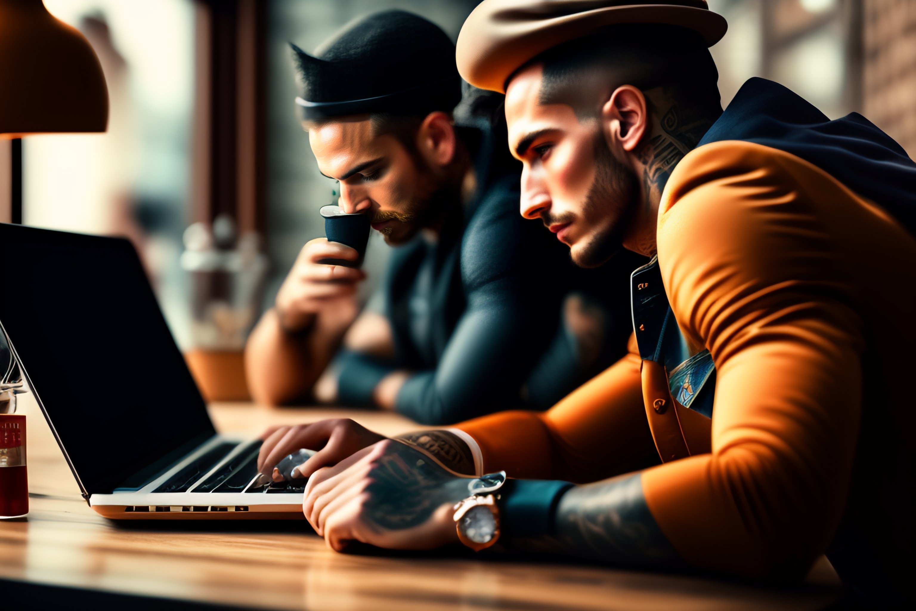 Lexica - Pr agent, hipster, tattos, working in cafe, laptop of brand ...