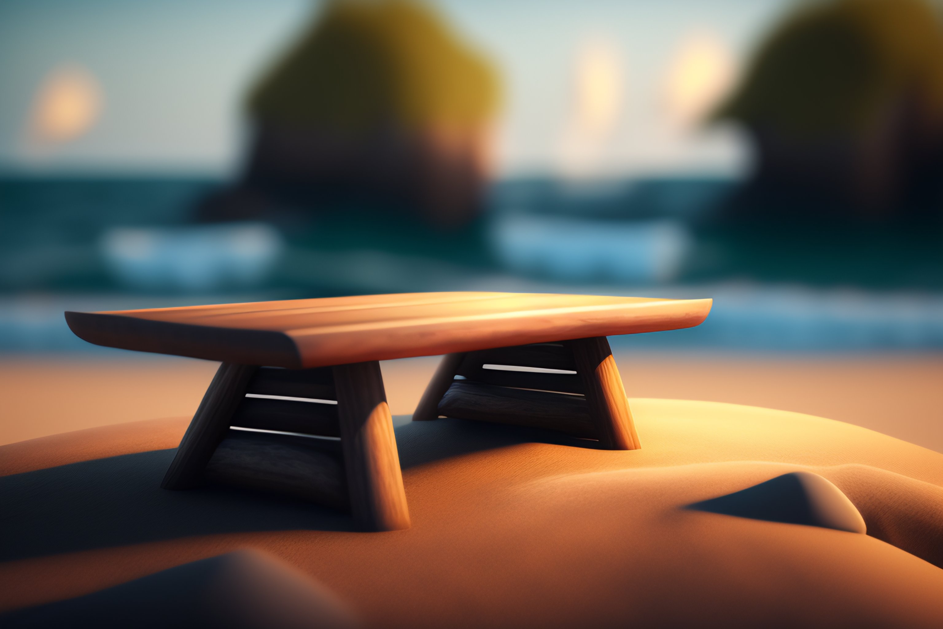 Lexica - Rustic wooden table with a bokeh beach background, massive ...
