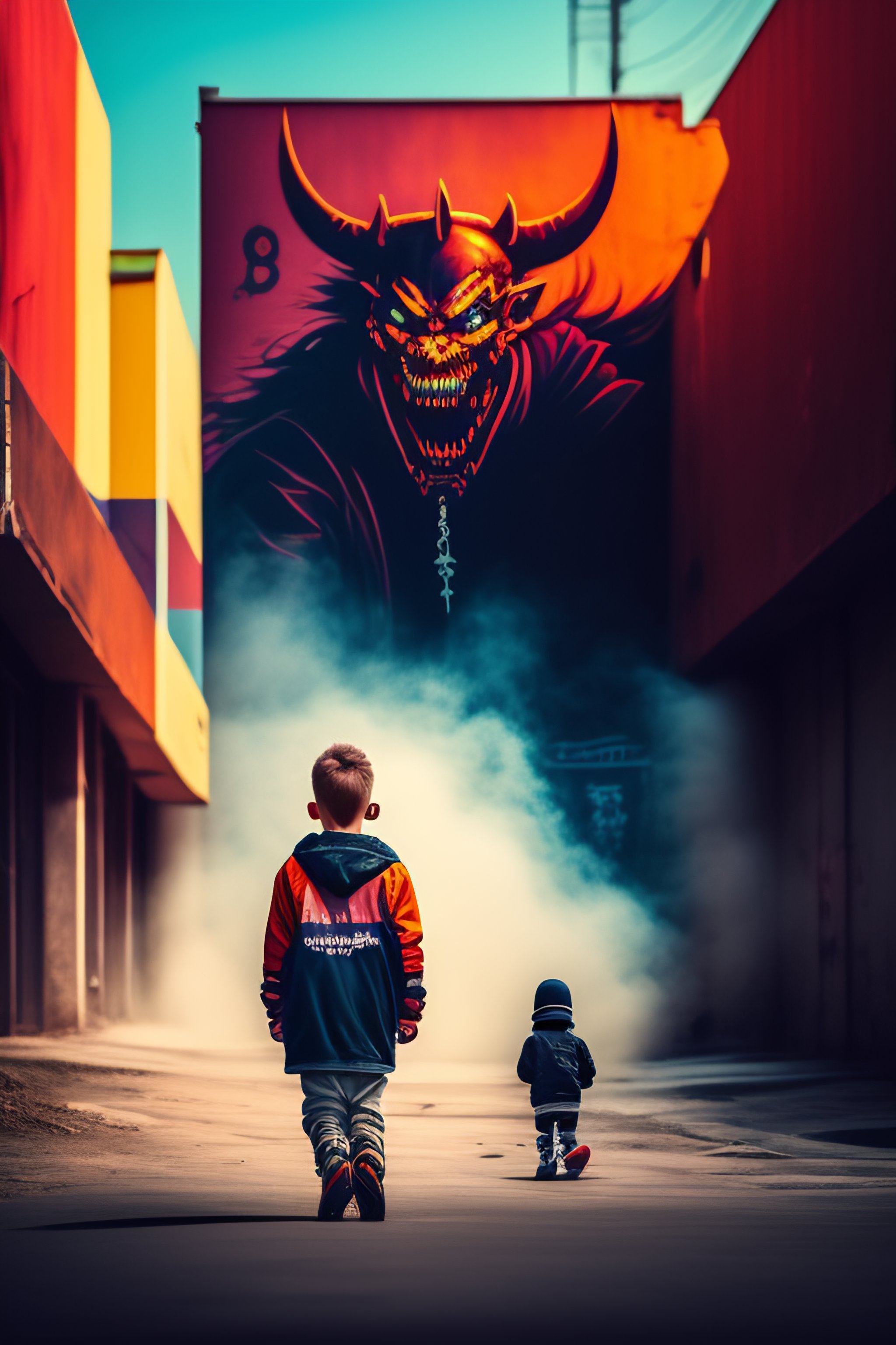 Lexica - A boy jumping with his skateboard with a demon on the bottom ...