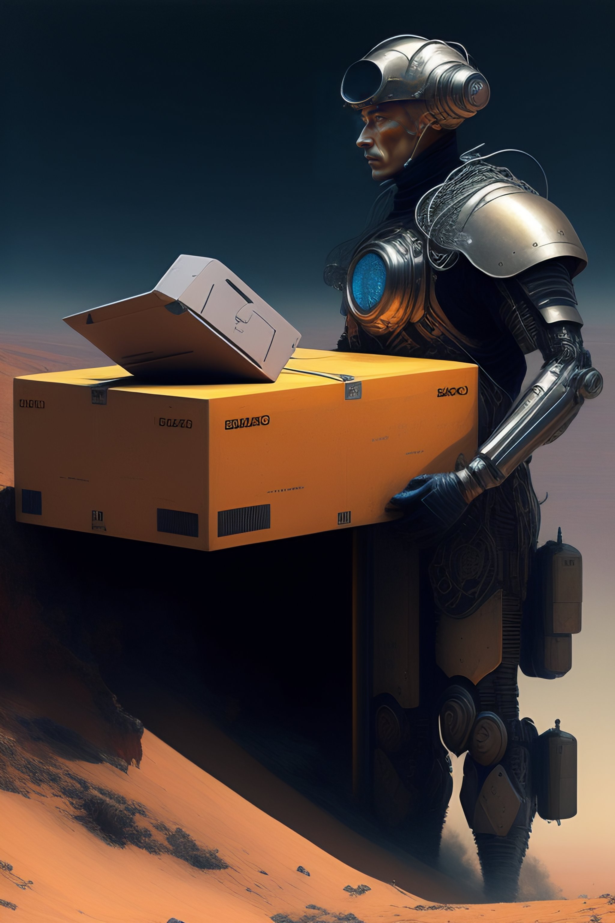 Lexica - A cyborg holding a cardboard box full of desk items at a desk ...