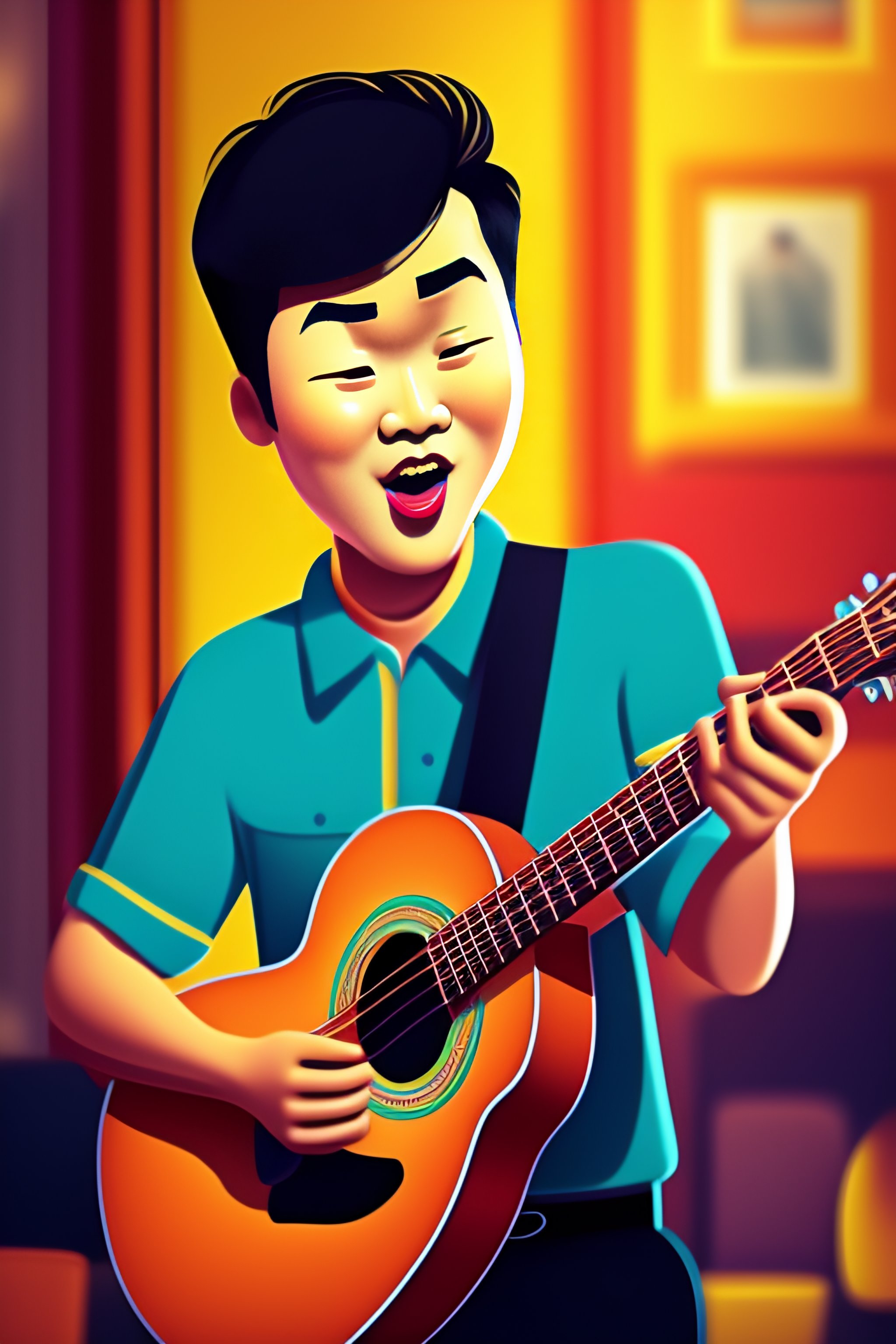 Lexica - Cartoon Type Photo a Taiwanese man playing guitar and singing