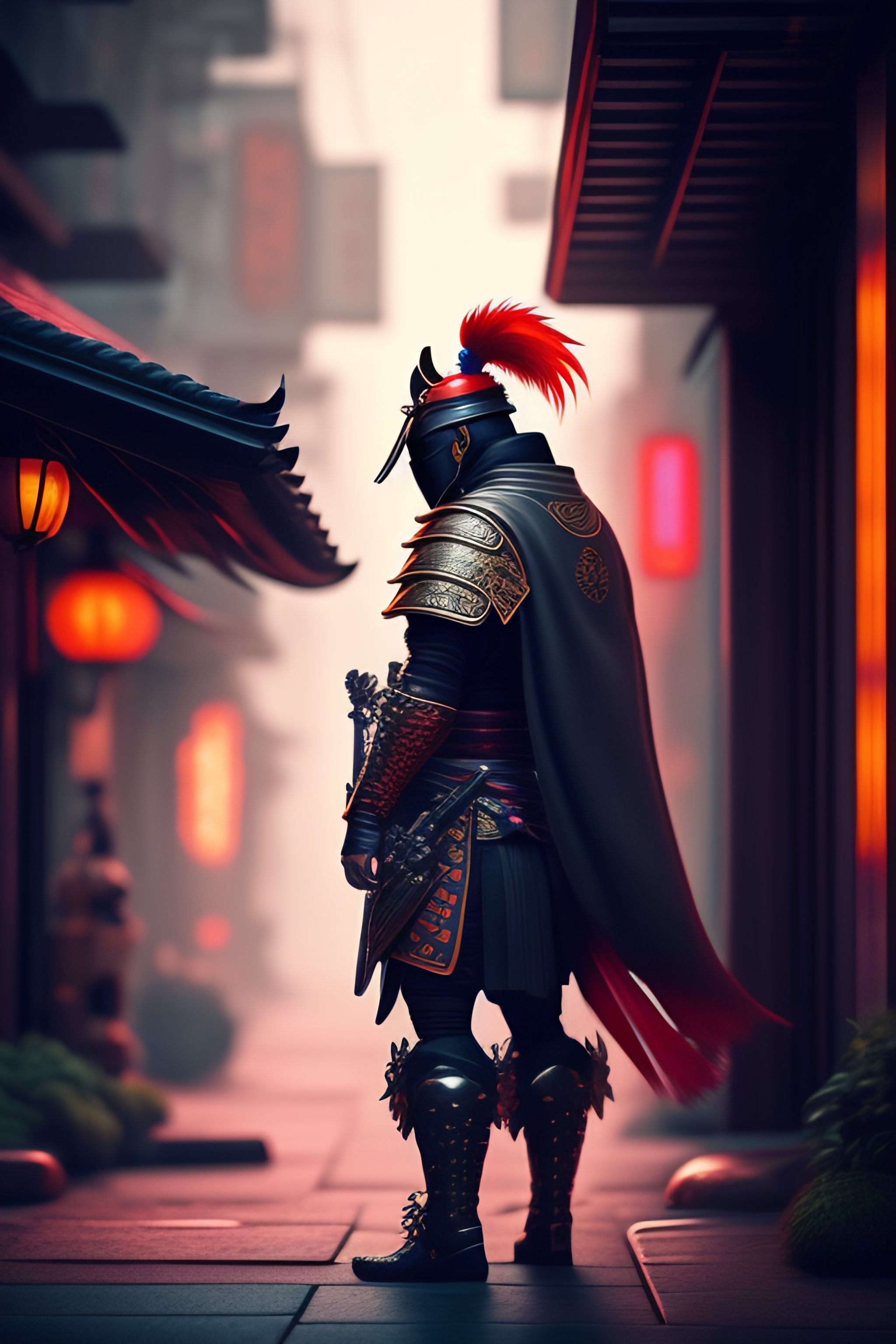 Lexica - Samurai rooster in a cyberpunk alley,