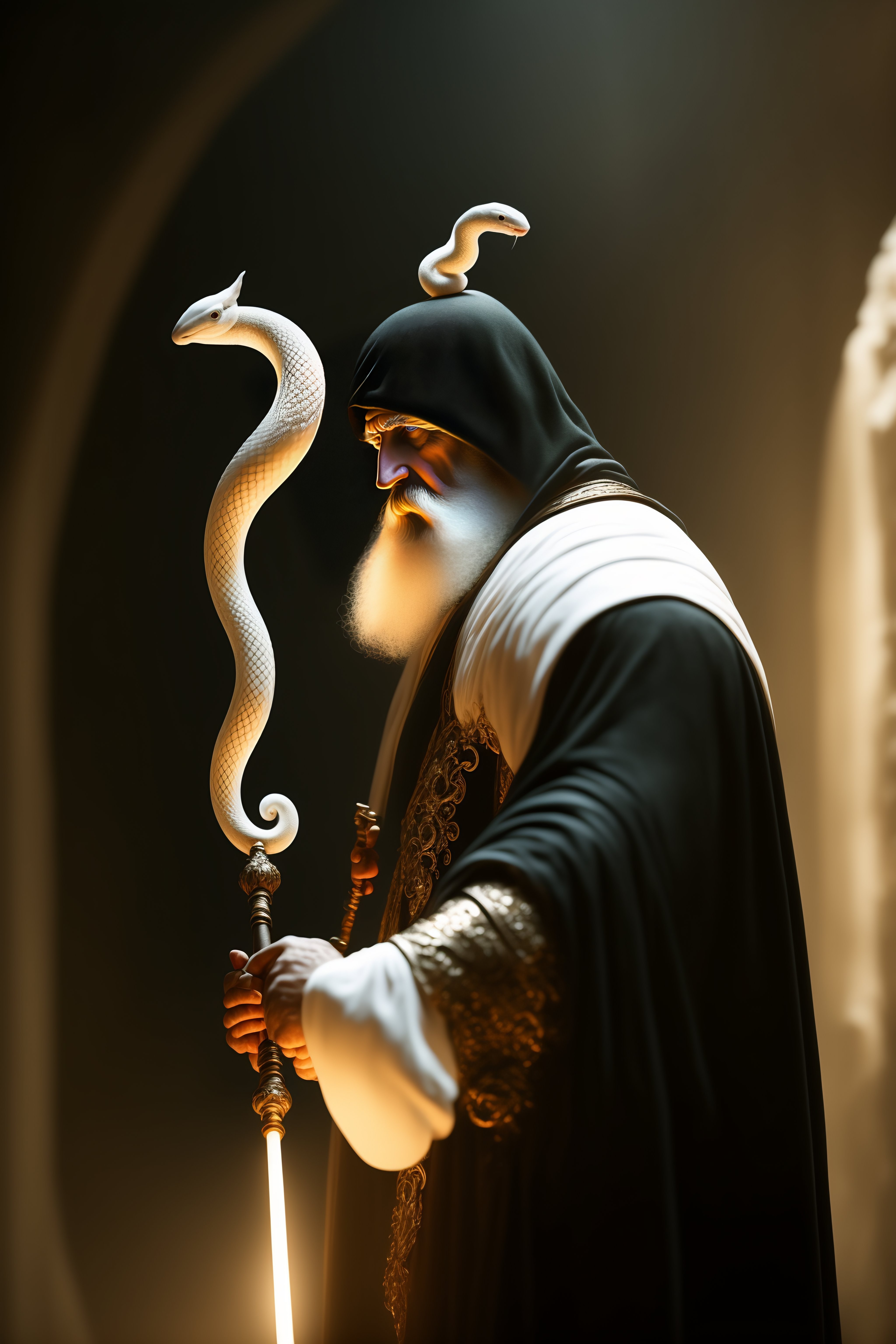 Lexica - One Greek wizard in dark robe hold a staff that has a white ...