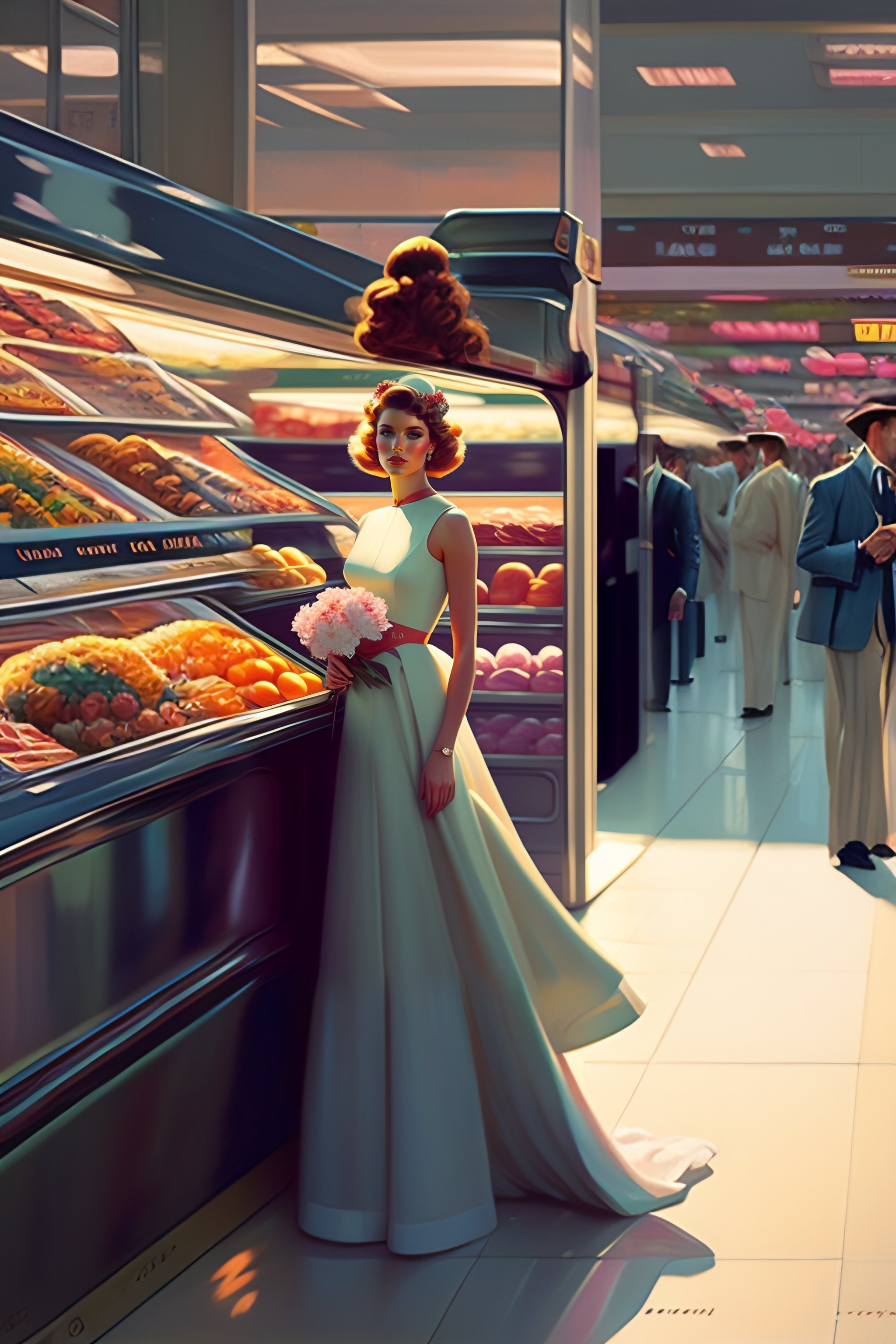 Lexica - "Stylish floral dress in a convenience store 7/11" by Syd Mead ...