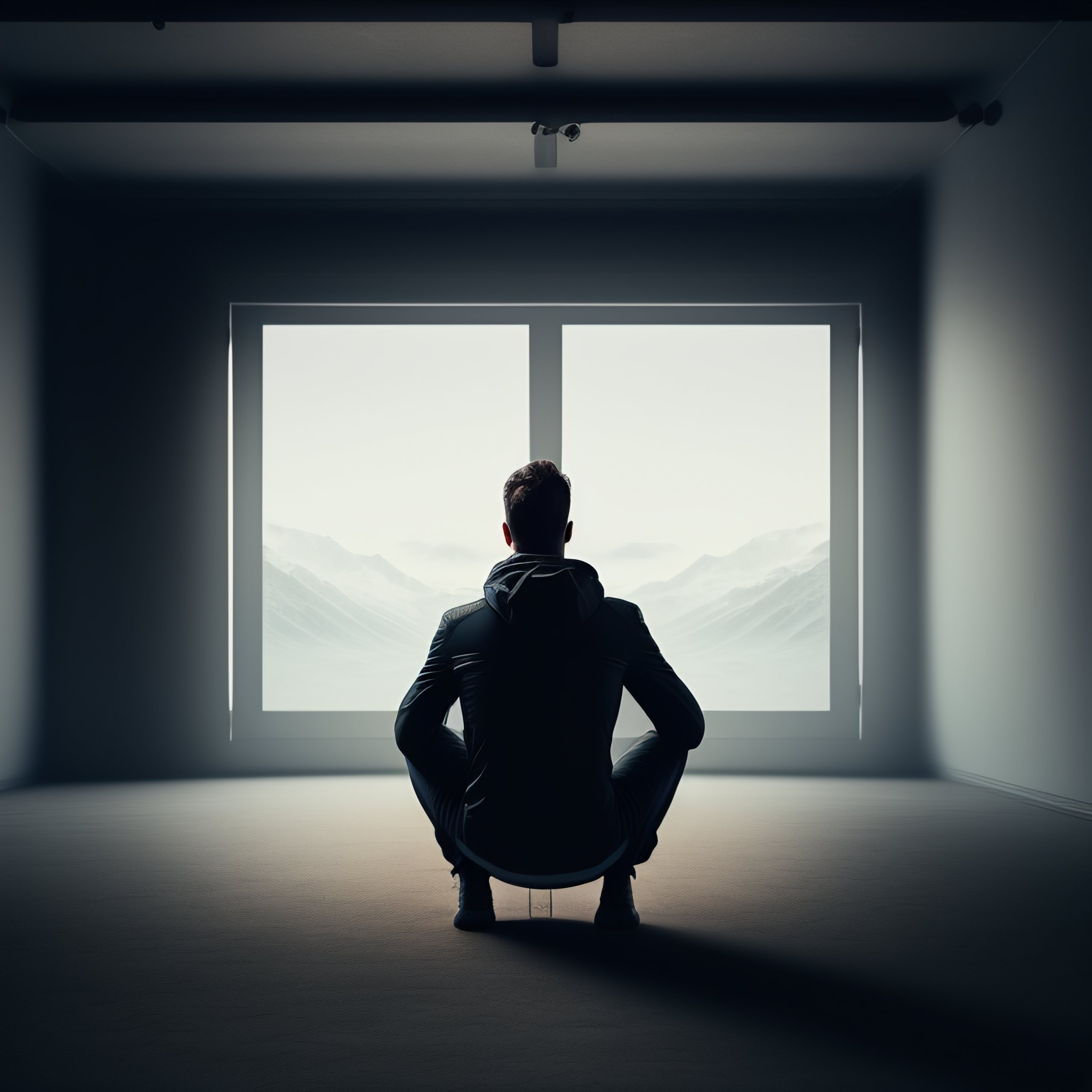 Lexica - A man sitting a completely empty black room. Black Background