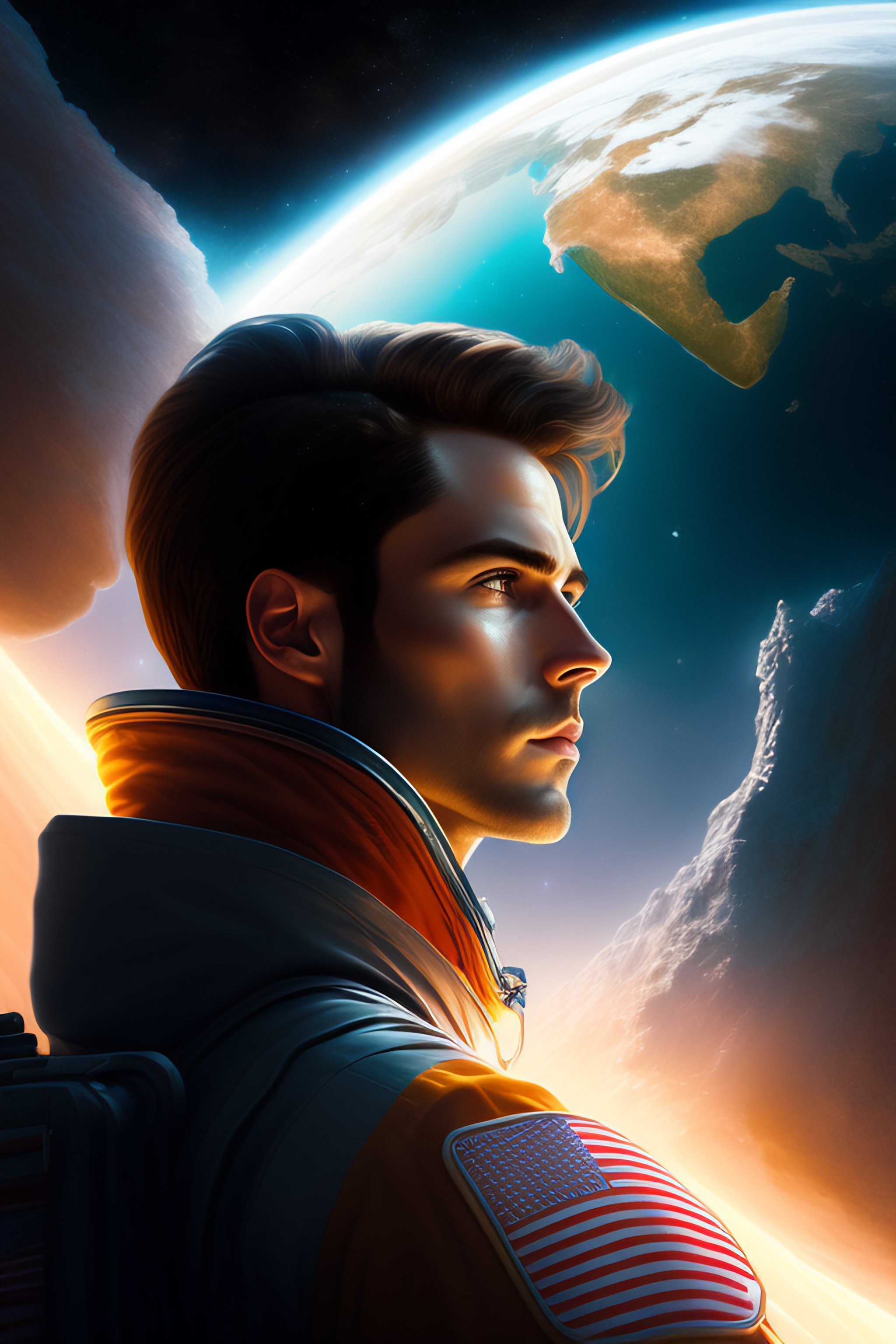 Lexica - Portrait of a male brown hair astronaut on moon looking at ...