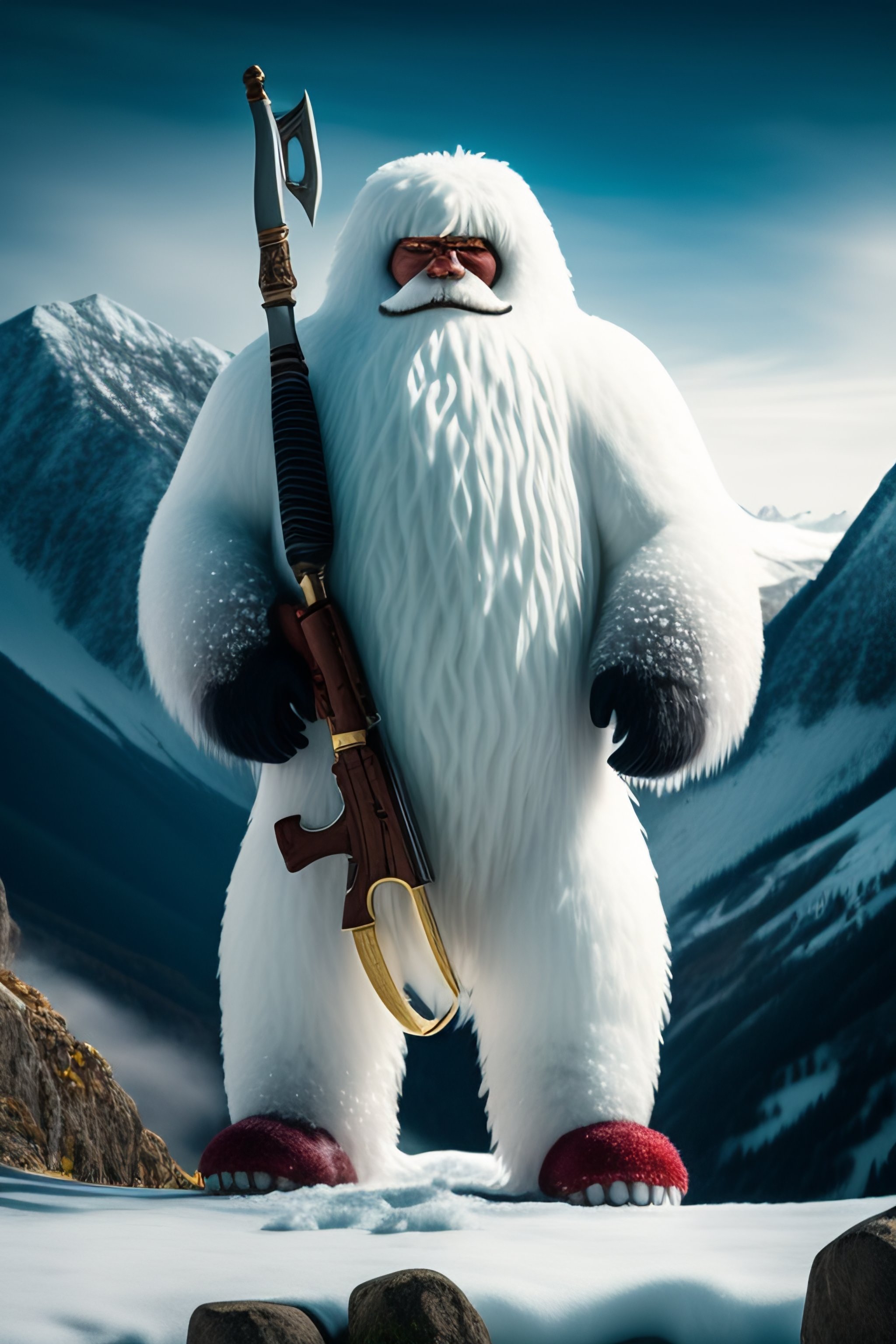 Lexica - Abominable snowman in the mountains holding a weapon