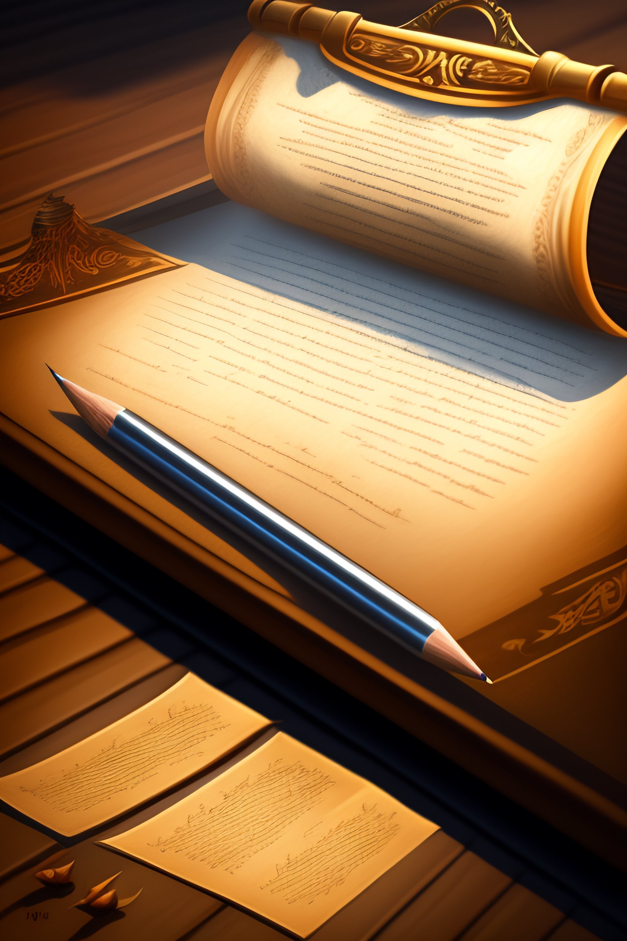 Lexica - Old scroll of papyrus open on a table, with pencil sketches ...