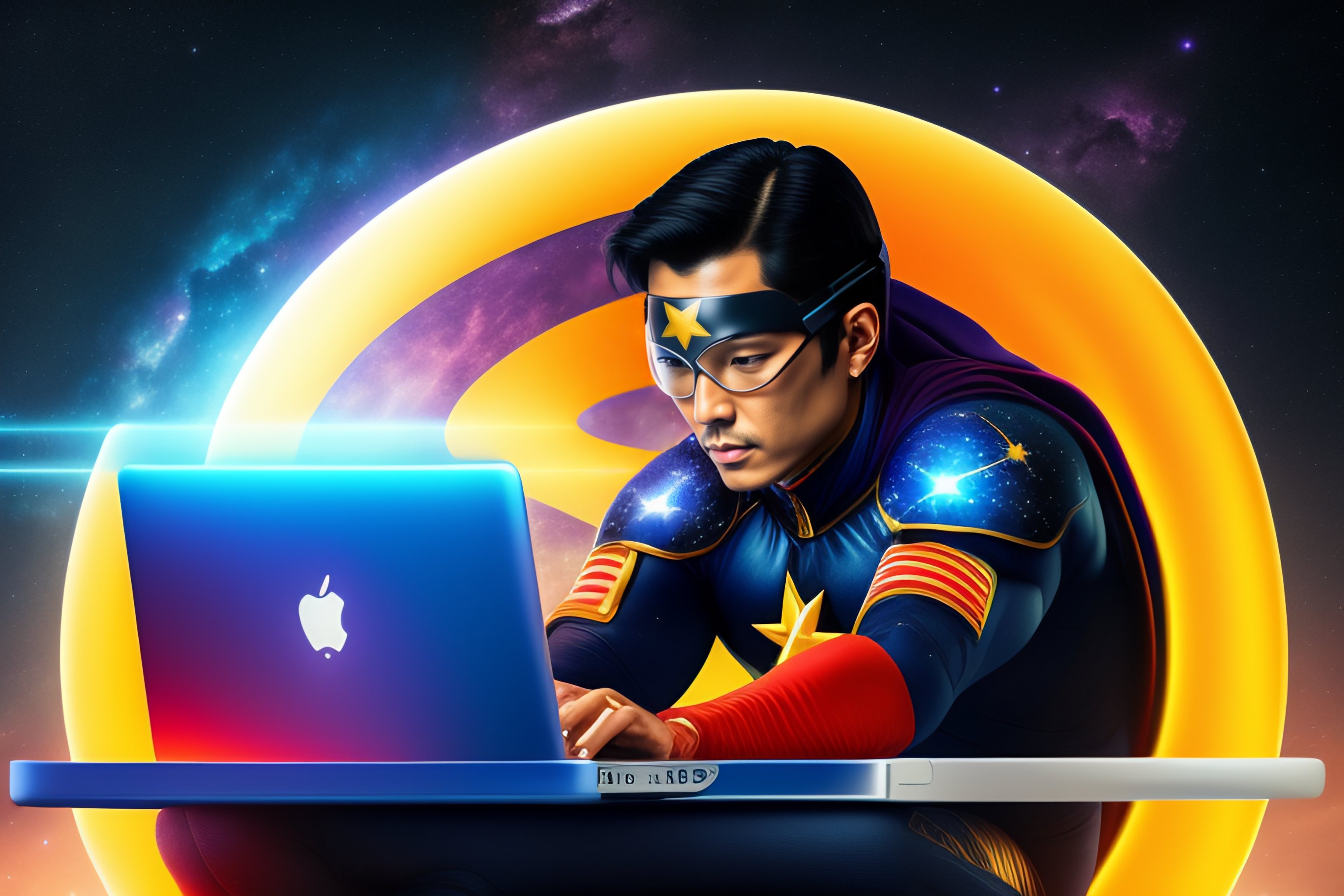 Lexica - A superhero flying and coding a laptop in the galaxy around ...