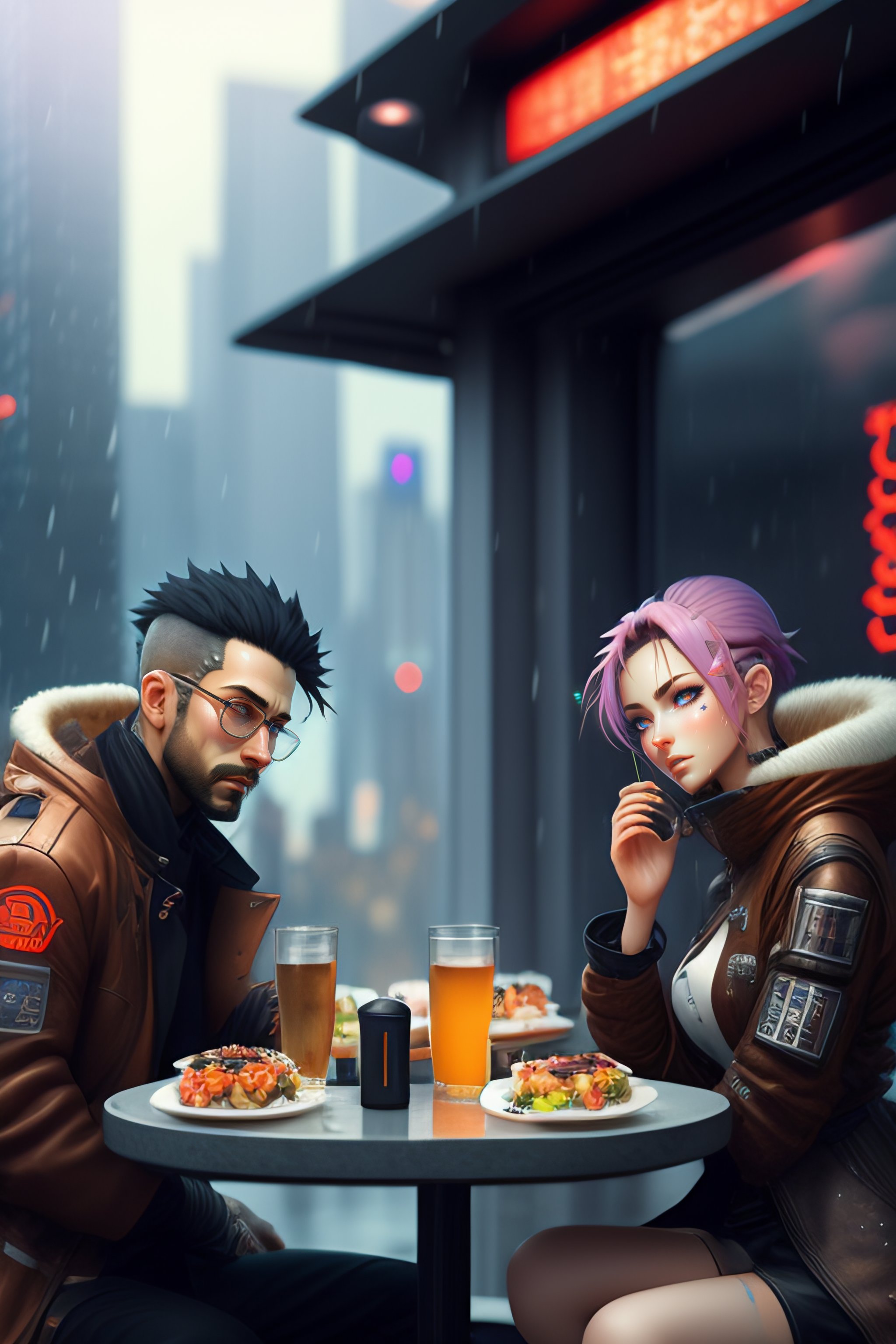 Lexica - A group of cyberpunk cyborg eating sushi on a table outside in ...