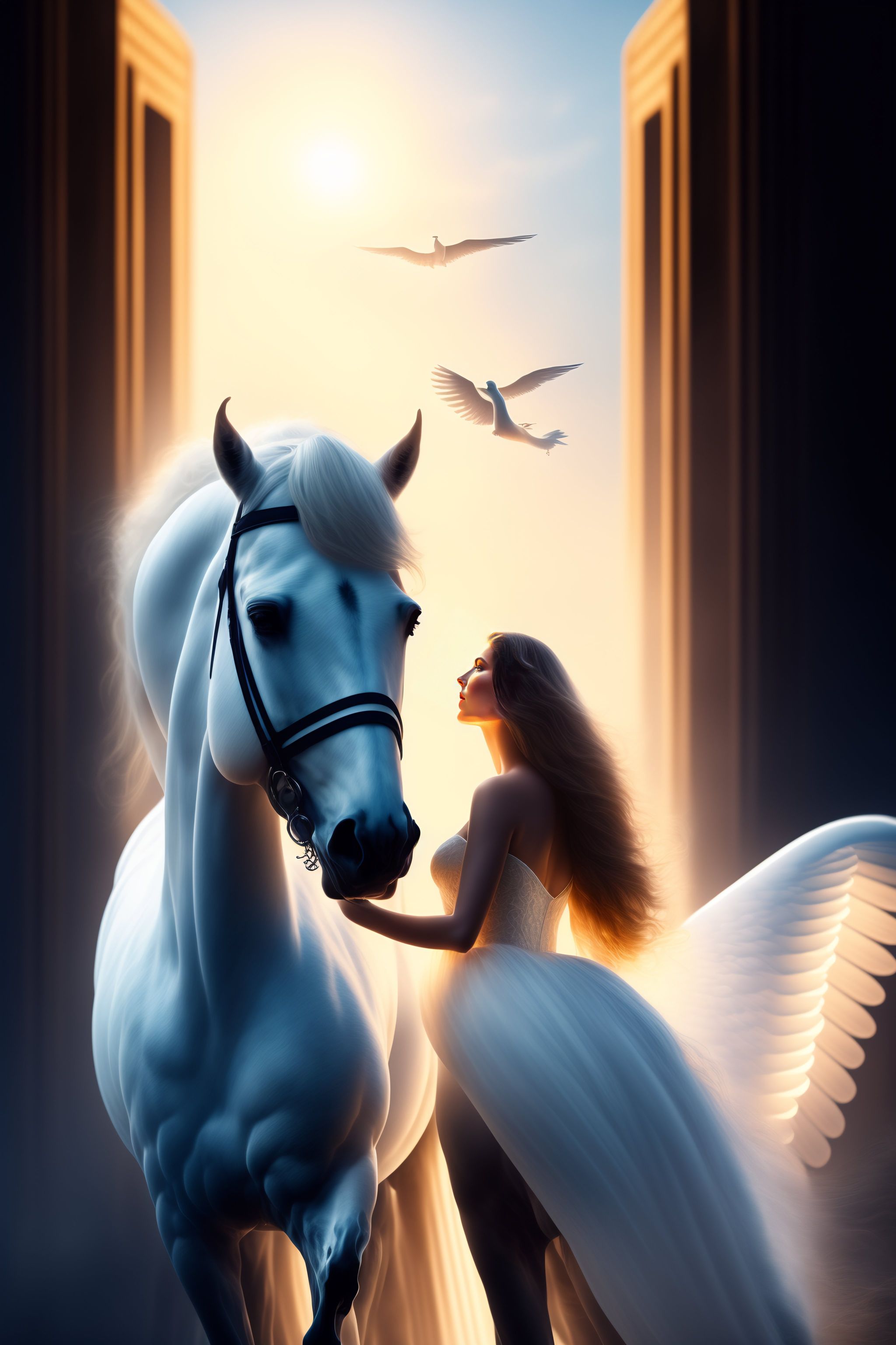 Lexica - A beautiful woman with wings at the gate of heaven on a white horse, ray of light from ...