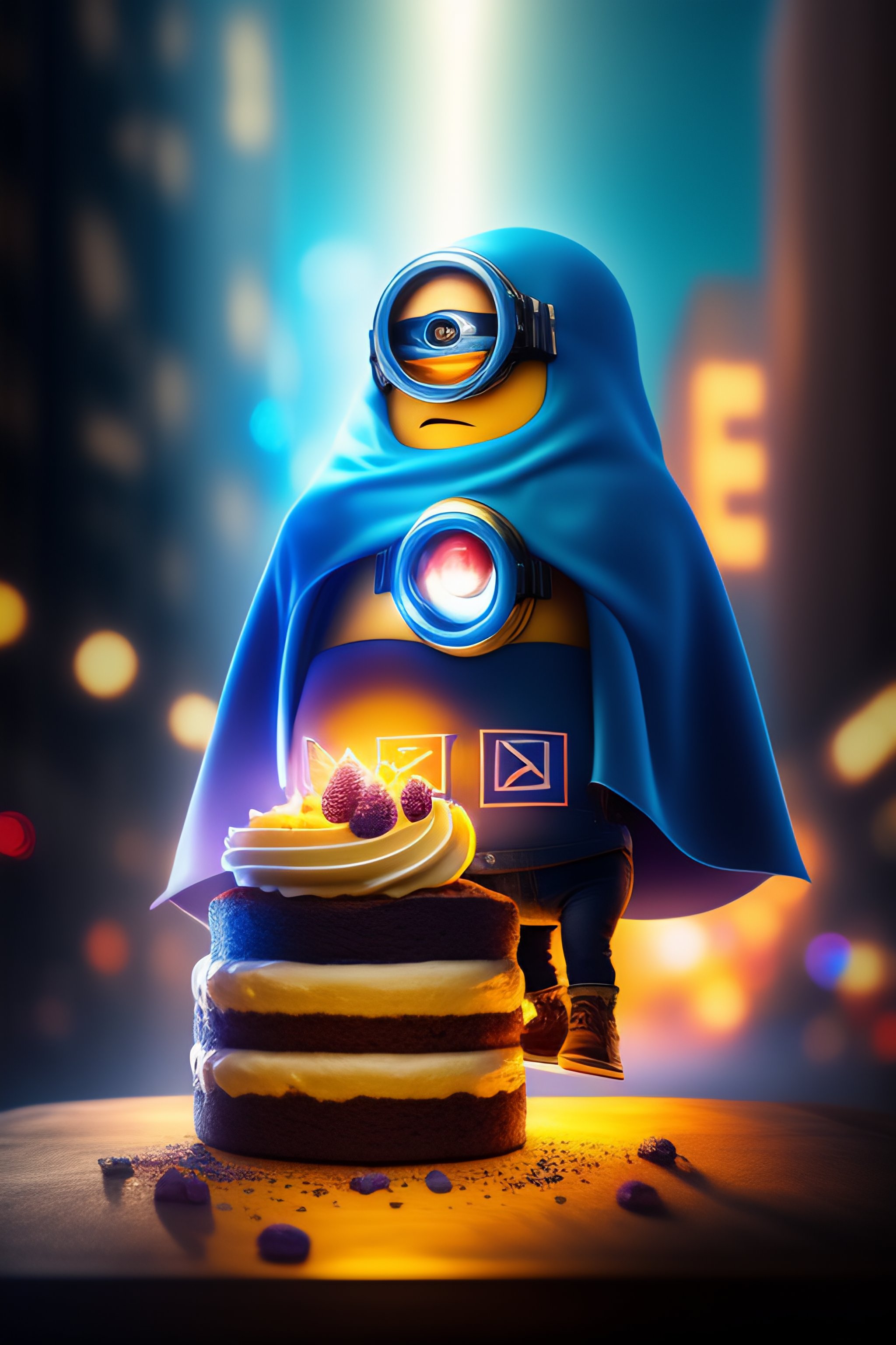 Lexica - Strong minion eats cake in a cape in a cyberpunk city, and a ...