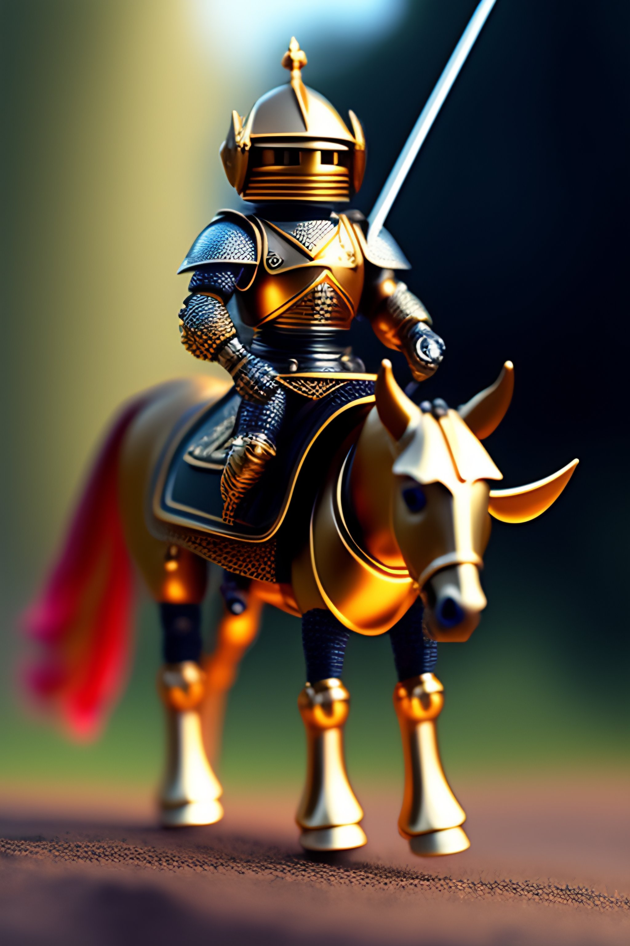 Lexica - Tiny robotic knight holding a lance on a tiny robotic horse