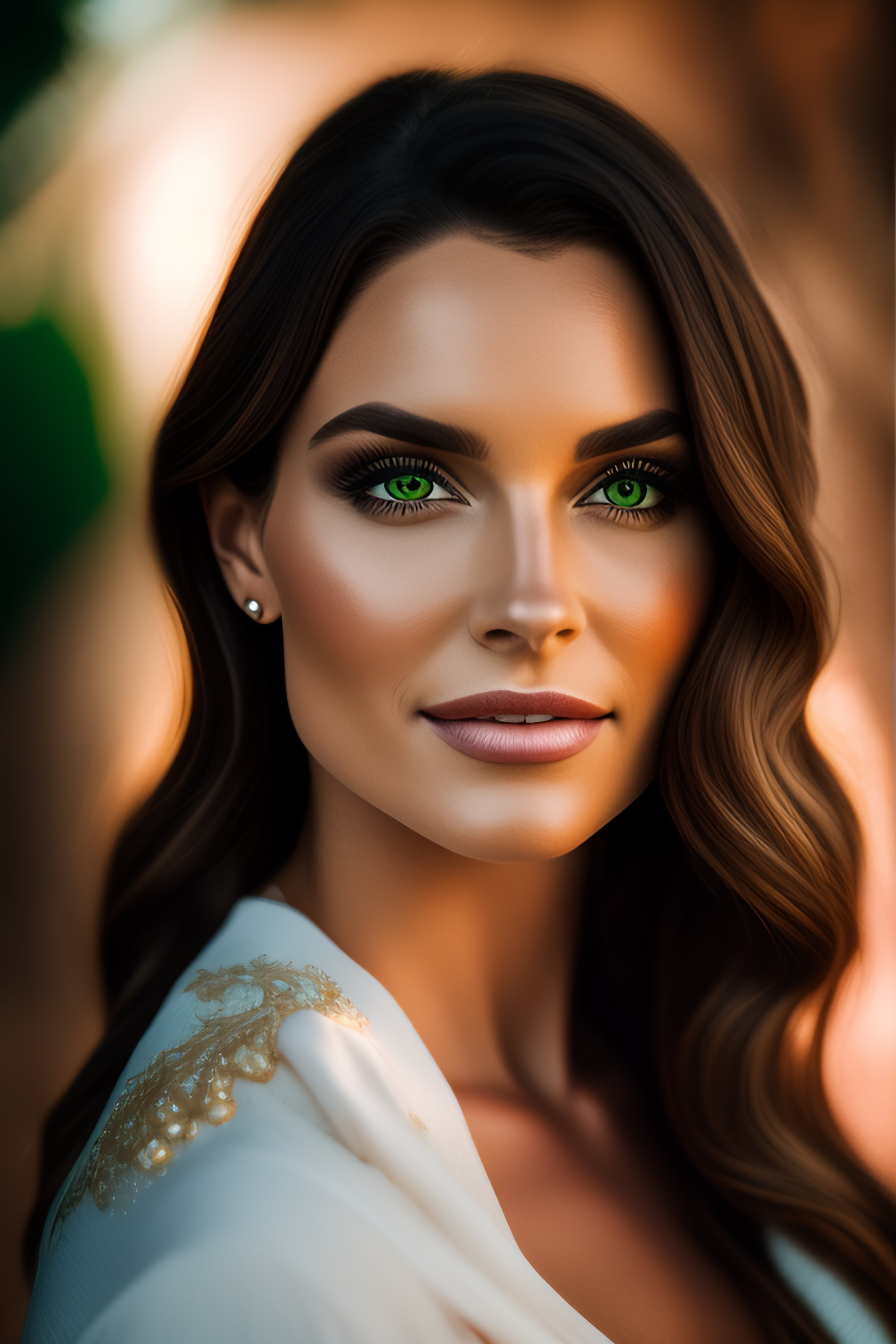 Lexica - A portrait of a beautiful brune caucasian woman with green ...