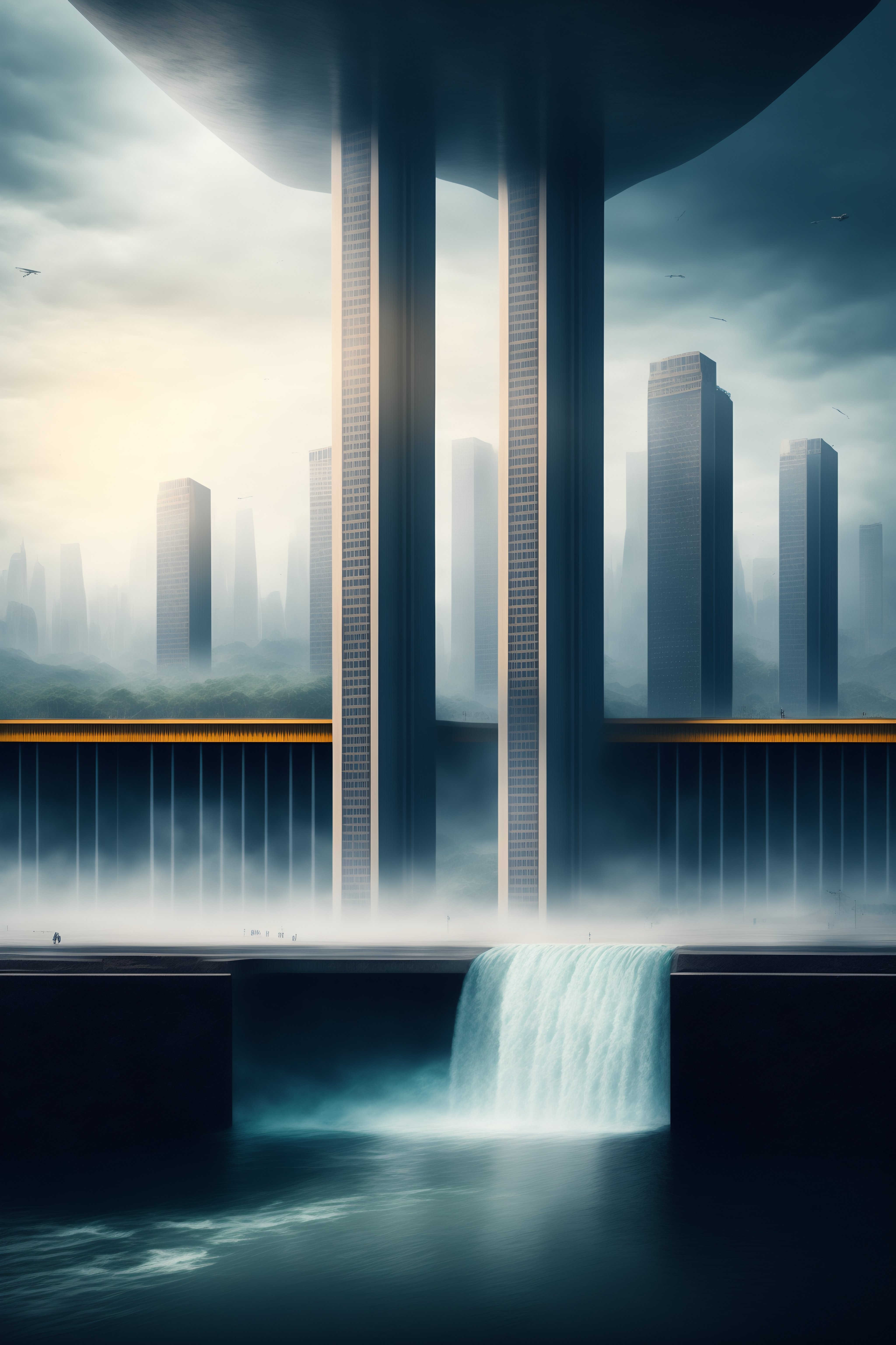 Lexica - Dam cracked by small robots, flooding, office skyscrapers ...