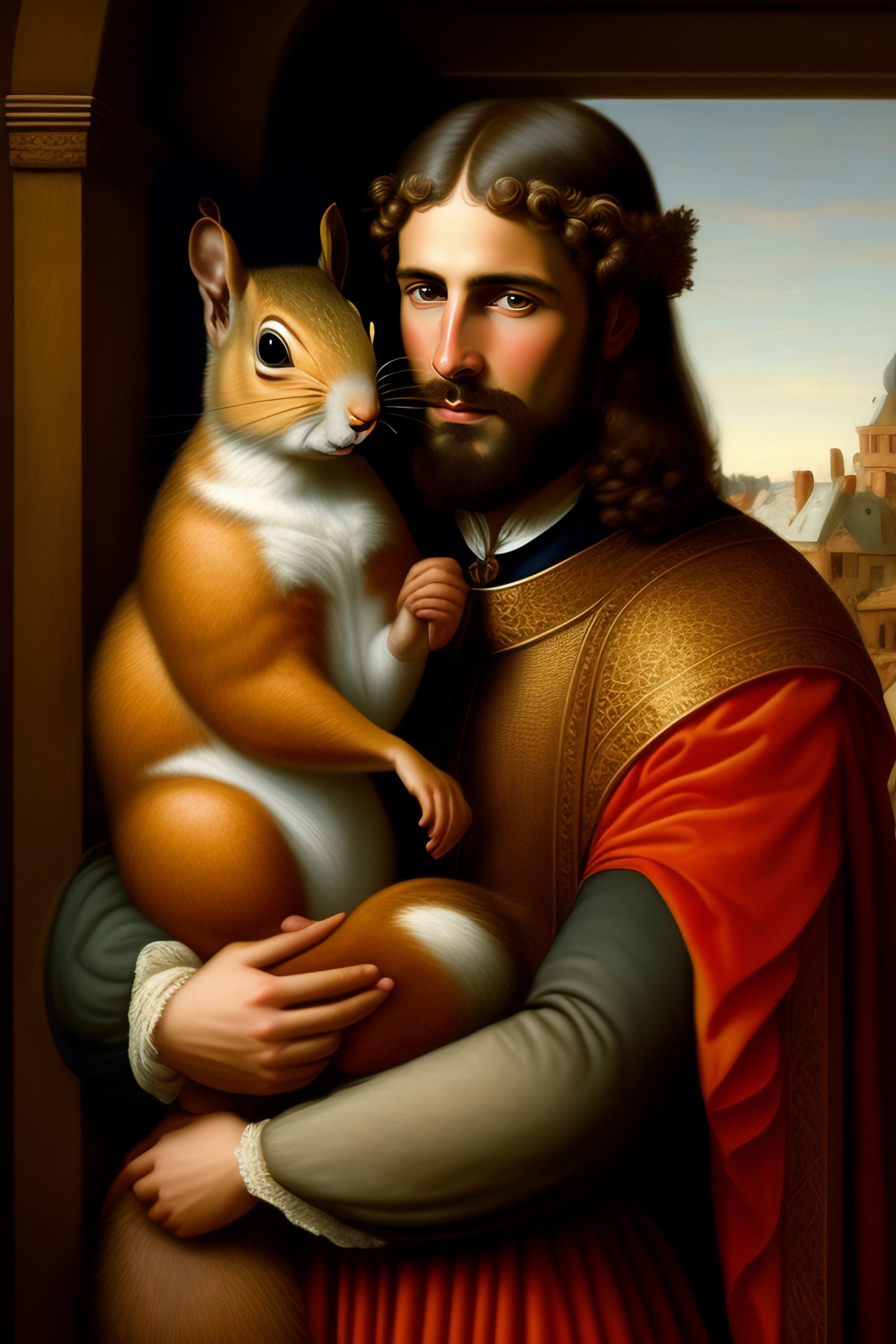 Lexica - Jacob Collins-Levy in medieval style whith squirrel in his arms