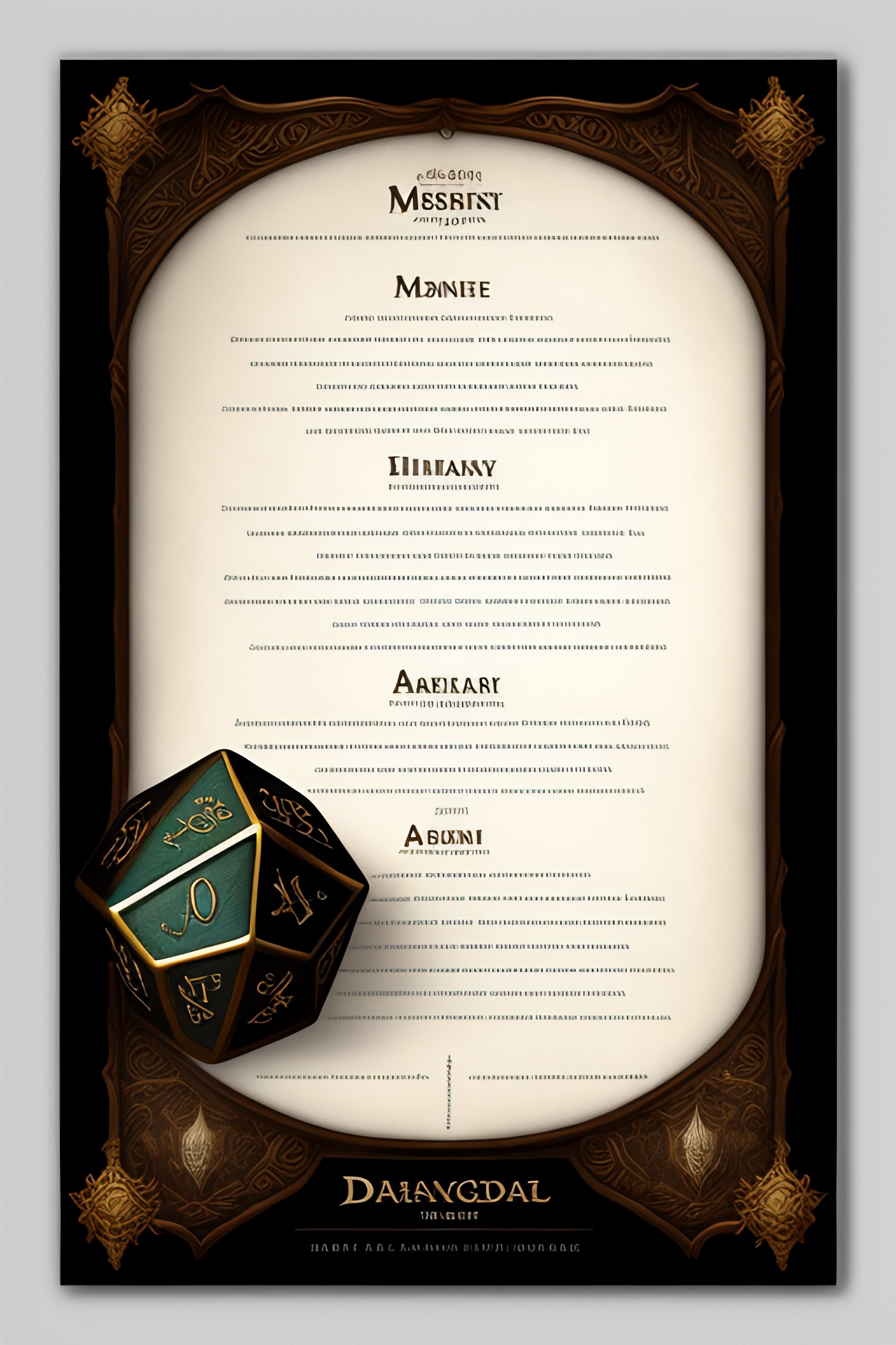 Lexica - A dungeons dragons' menu on a paper sheet with embellishments ...