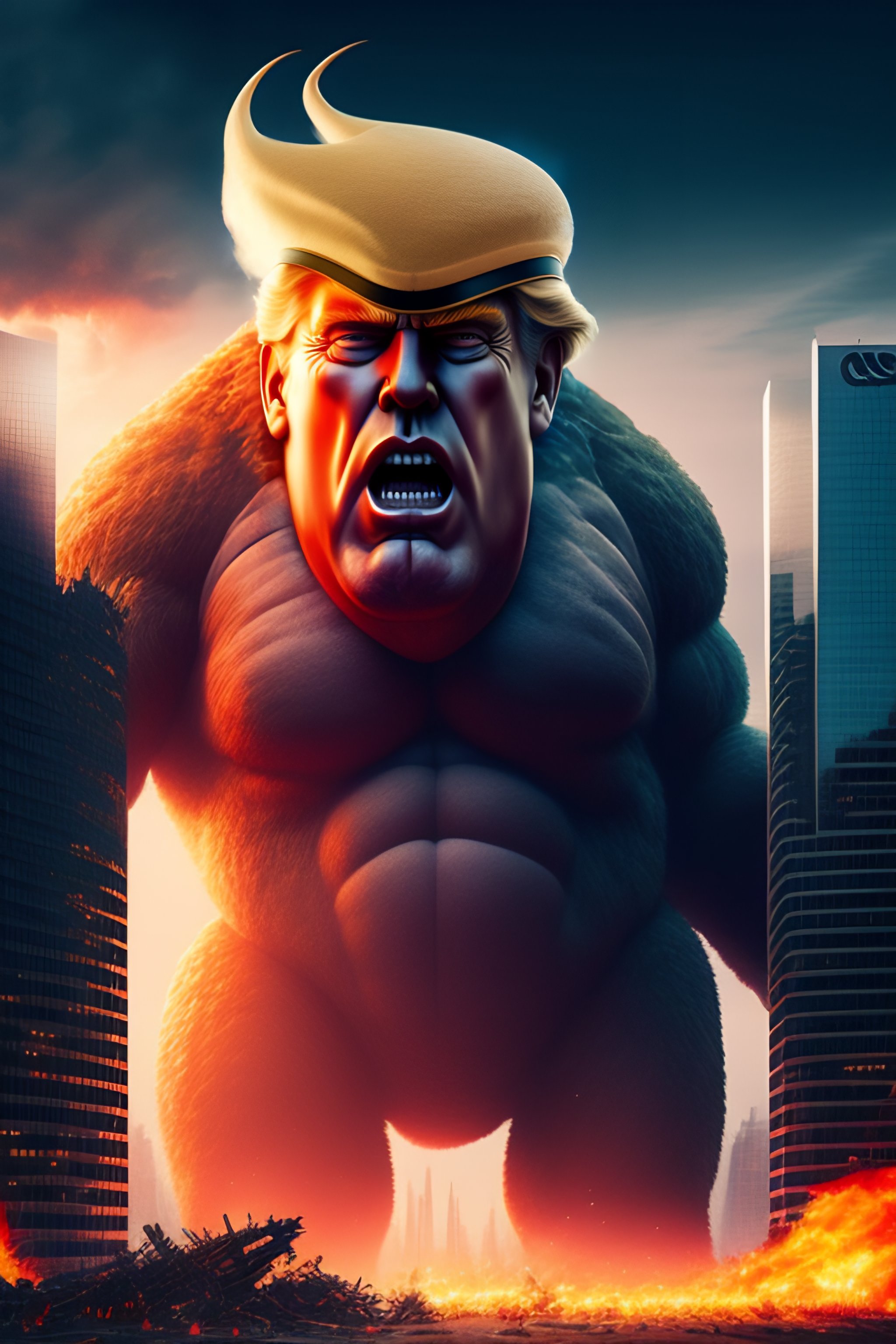 Lexica - Donald Trump depicted as a Giant monster destroying a city