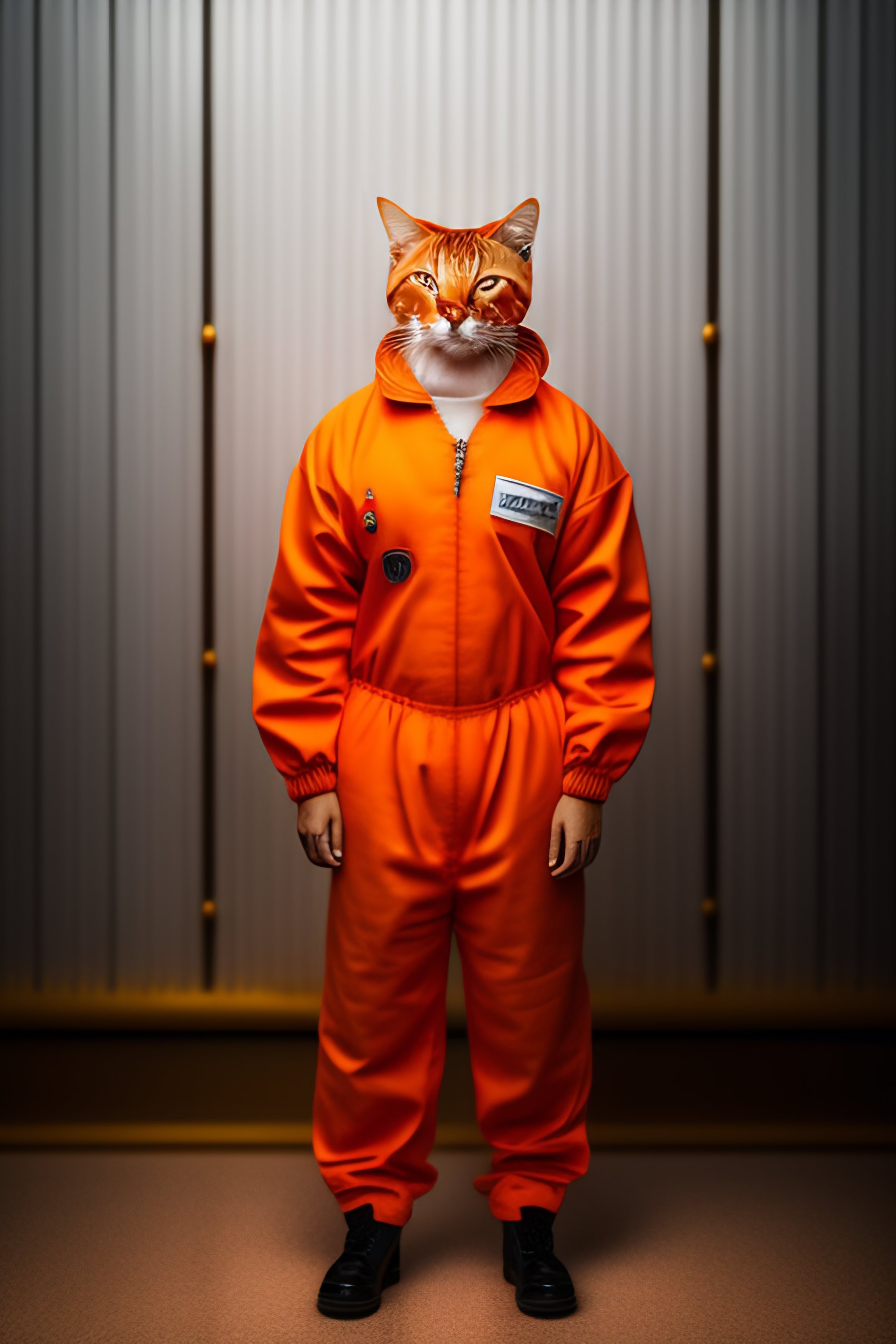 Lexica - A humanoid tabby cat wearing inmate orange jumpsuit outfit in ...