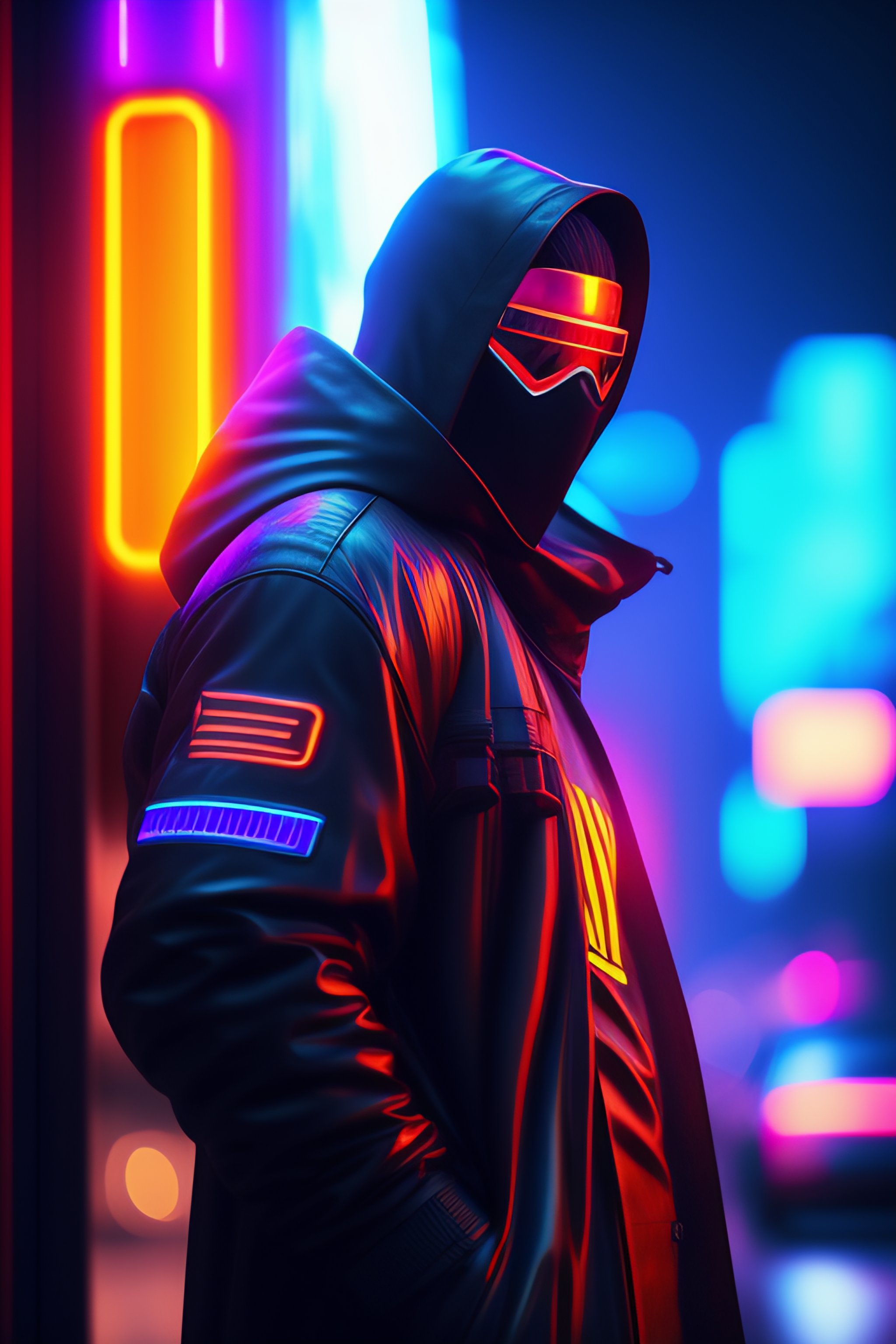 Lexica - Futeristic cyberpunk masked assassin, shooting gun, heavy rain ...