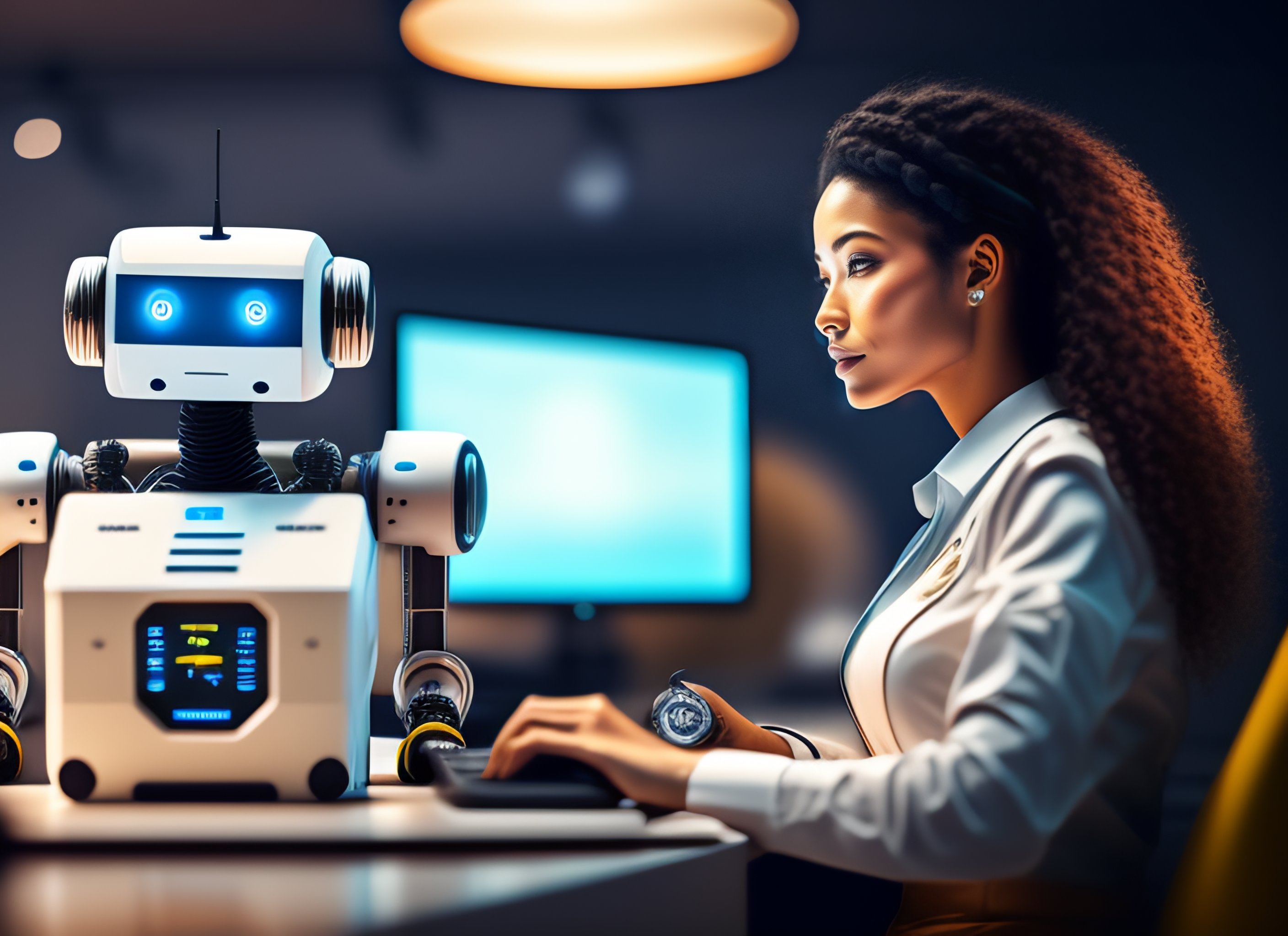 Lexica - A person and a robot. Both working, side by side, at the computer.