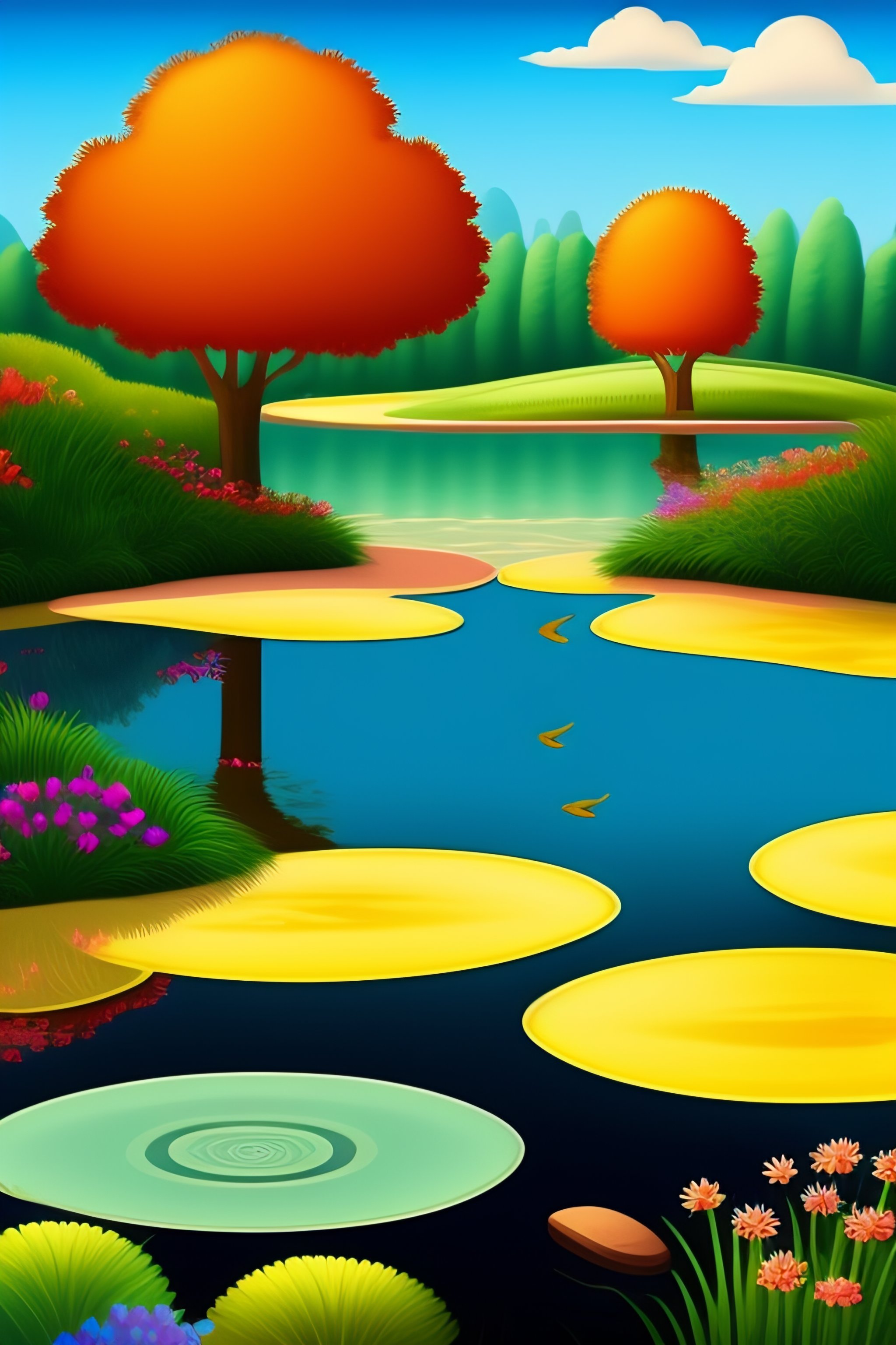 Lexica - Gorgeous pond with ripples in the water children book cartoon ...
