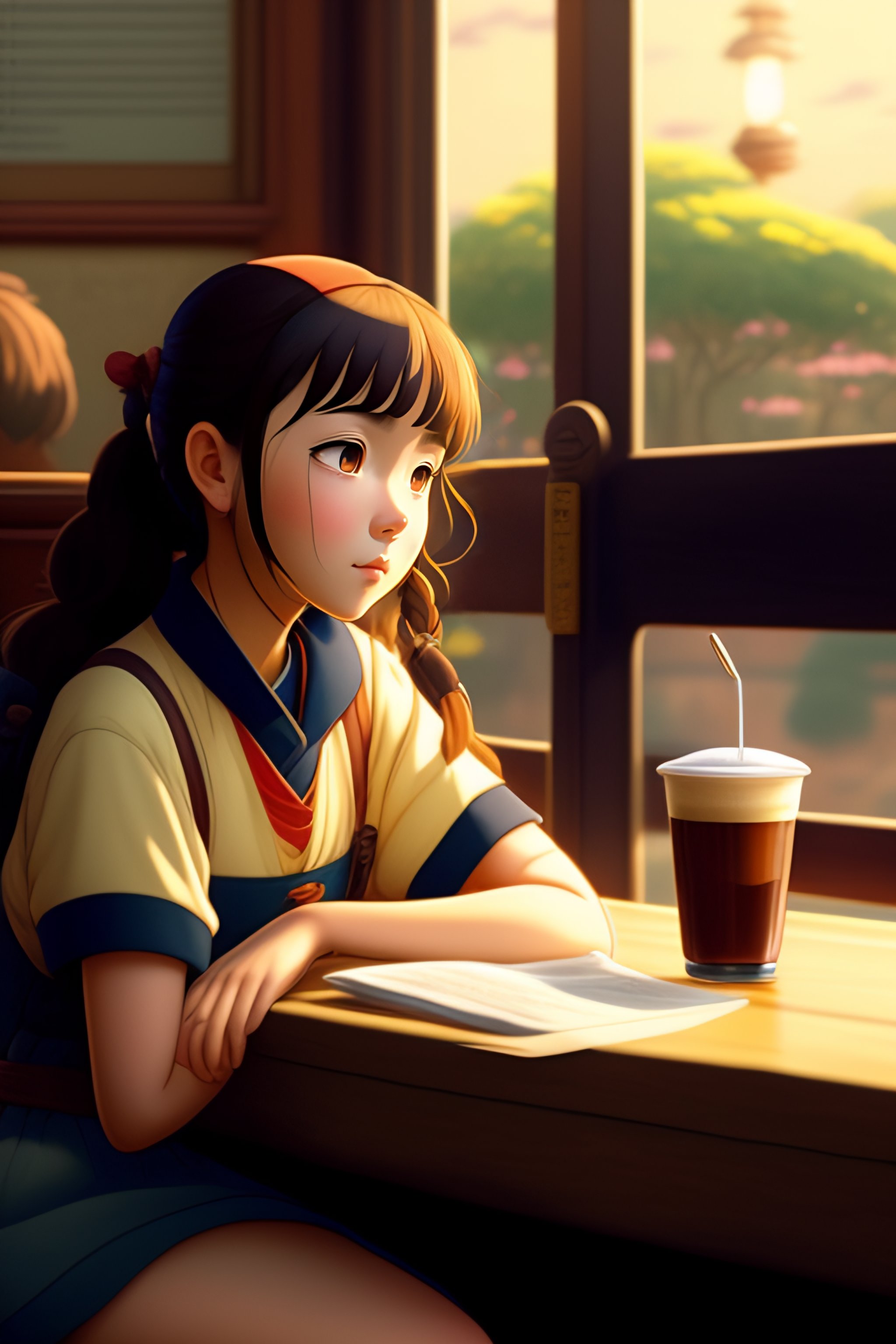 Lexica - A girl siting in a coffee shop writing , studio ghibli