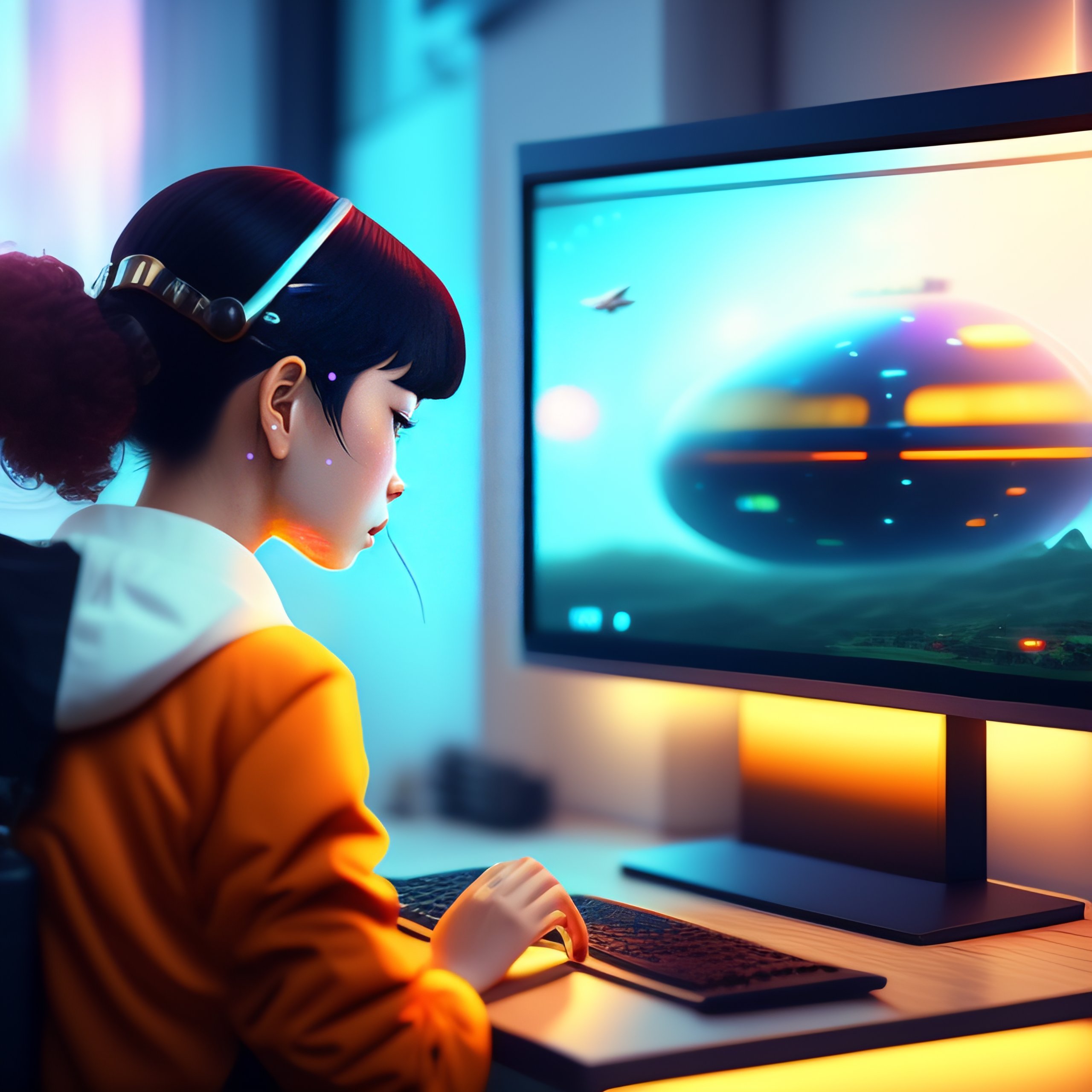 Lexica - A girl working on a computer in a small room with a big window ...