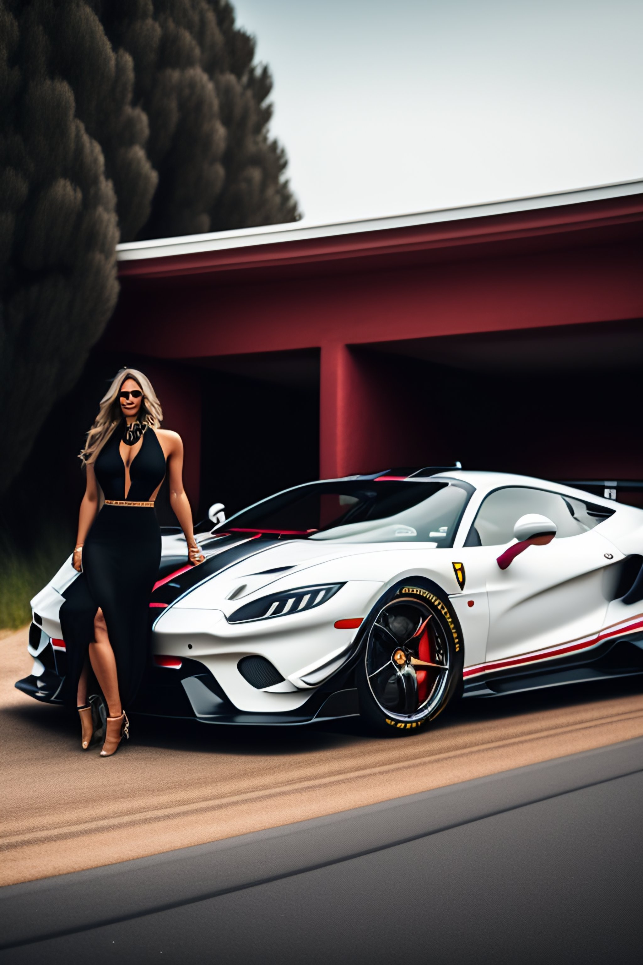 Lexica - Lady racer next to a white Ferrari, full-length photo, 8k