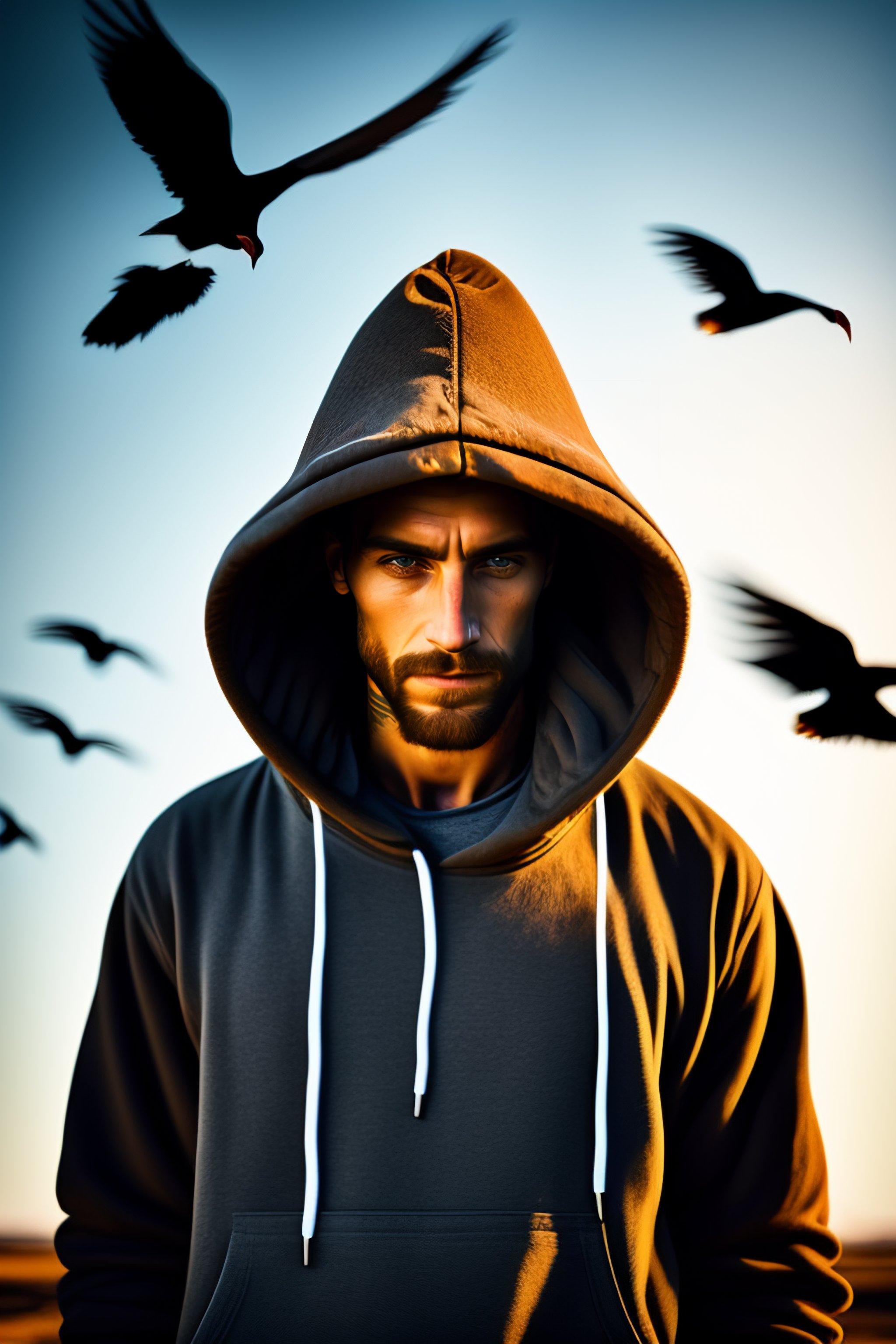 Lexica - Vertical film frame, junkie guy, wearing a hoodie on his head ...