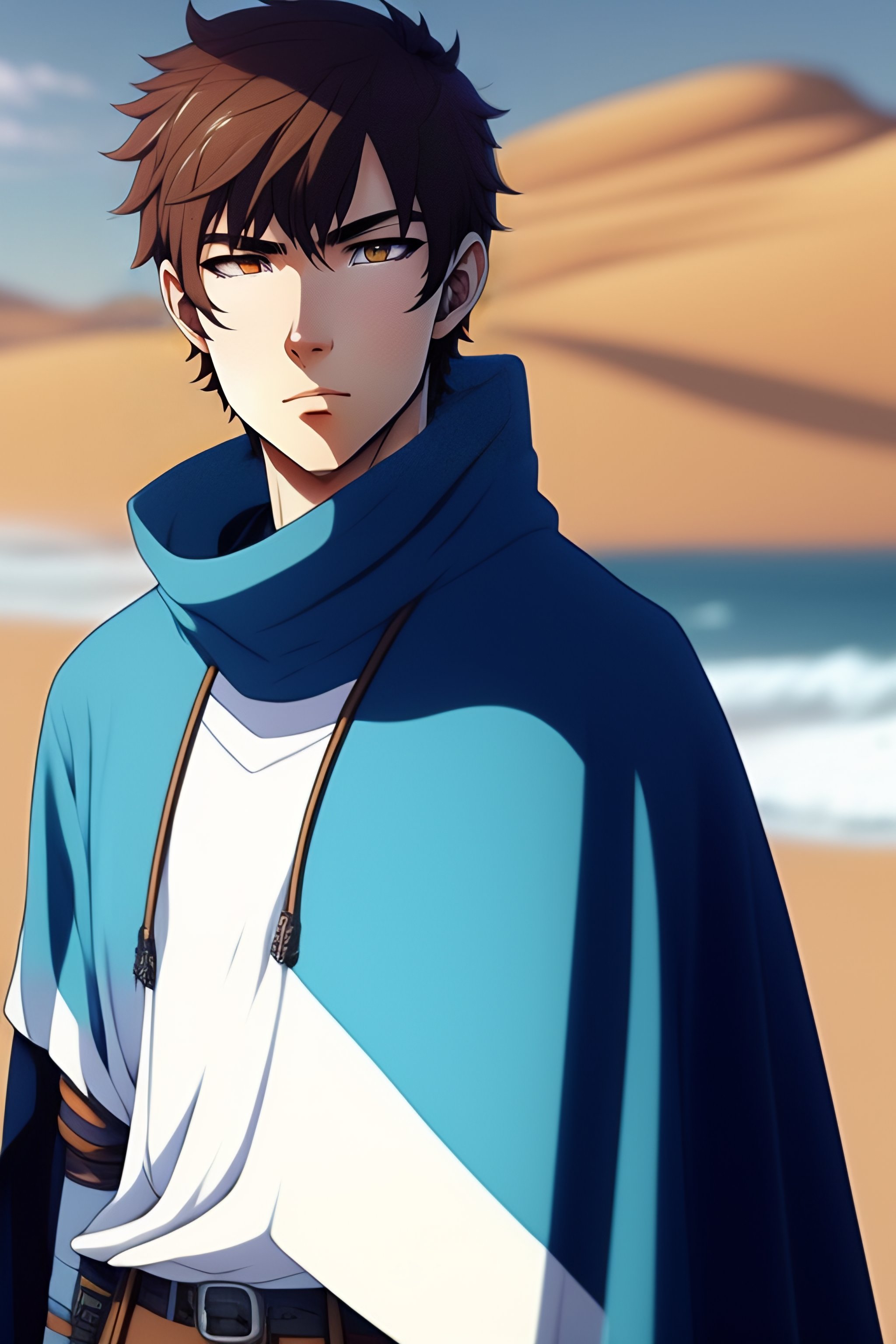 Lexica - Anime guy, 19 years old, wearing a sand colored poncho, brown ...