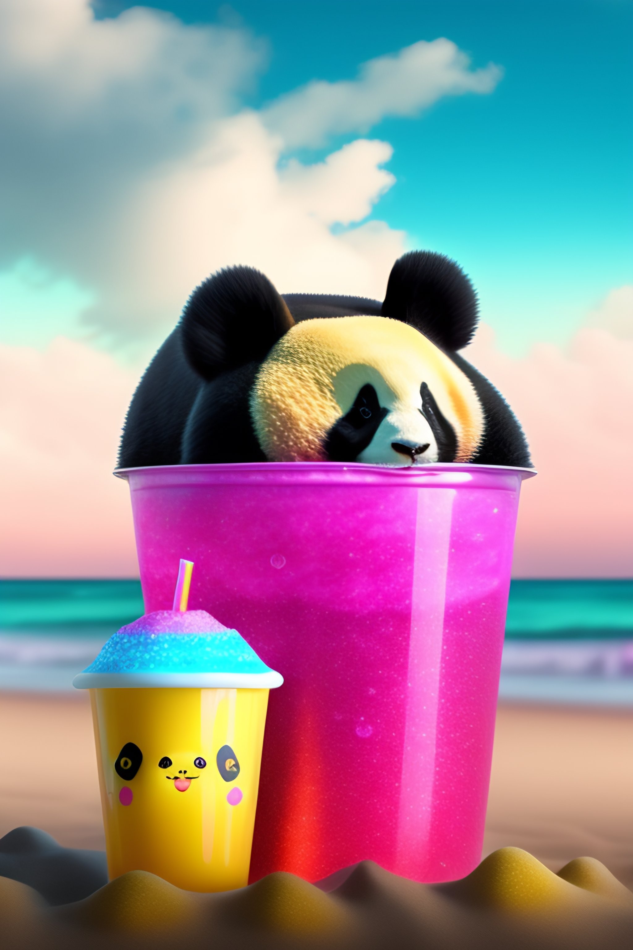 Lexica - Pikachu drinking bubble tea with a cute giant panda on a beach ...